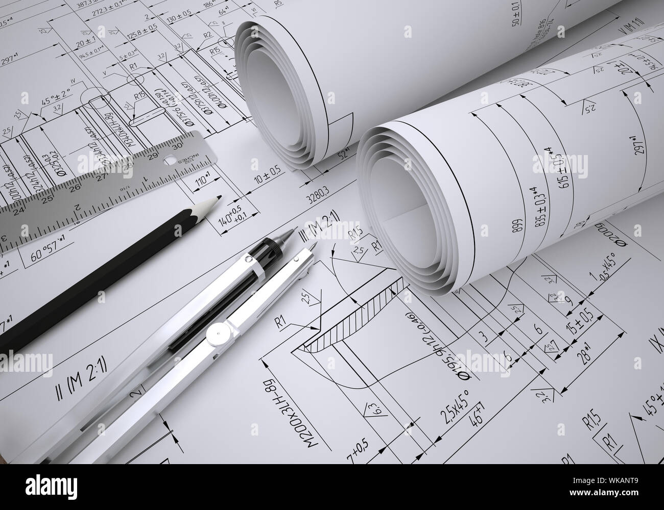 Scrolls engineering drawings and tools. Desk Engineer Stock Photo - Alamy