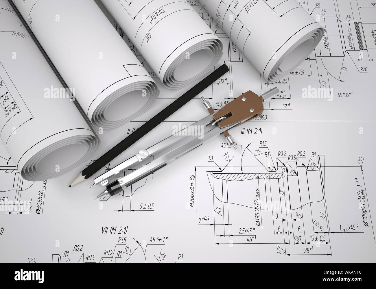 Scrolls engineering drawings and tools. Desk Engineer Stock Photo - Alamy