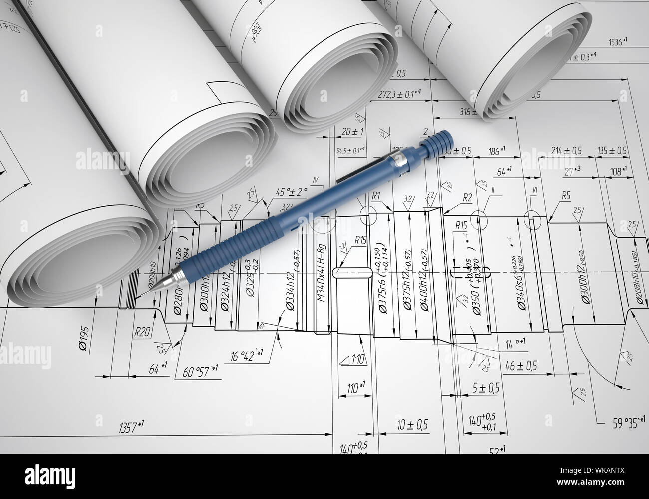 Scrolls engineering drawings and automatic pencil. Desk Engineer Stock ...