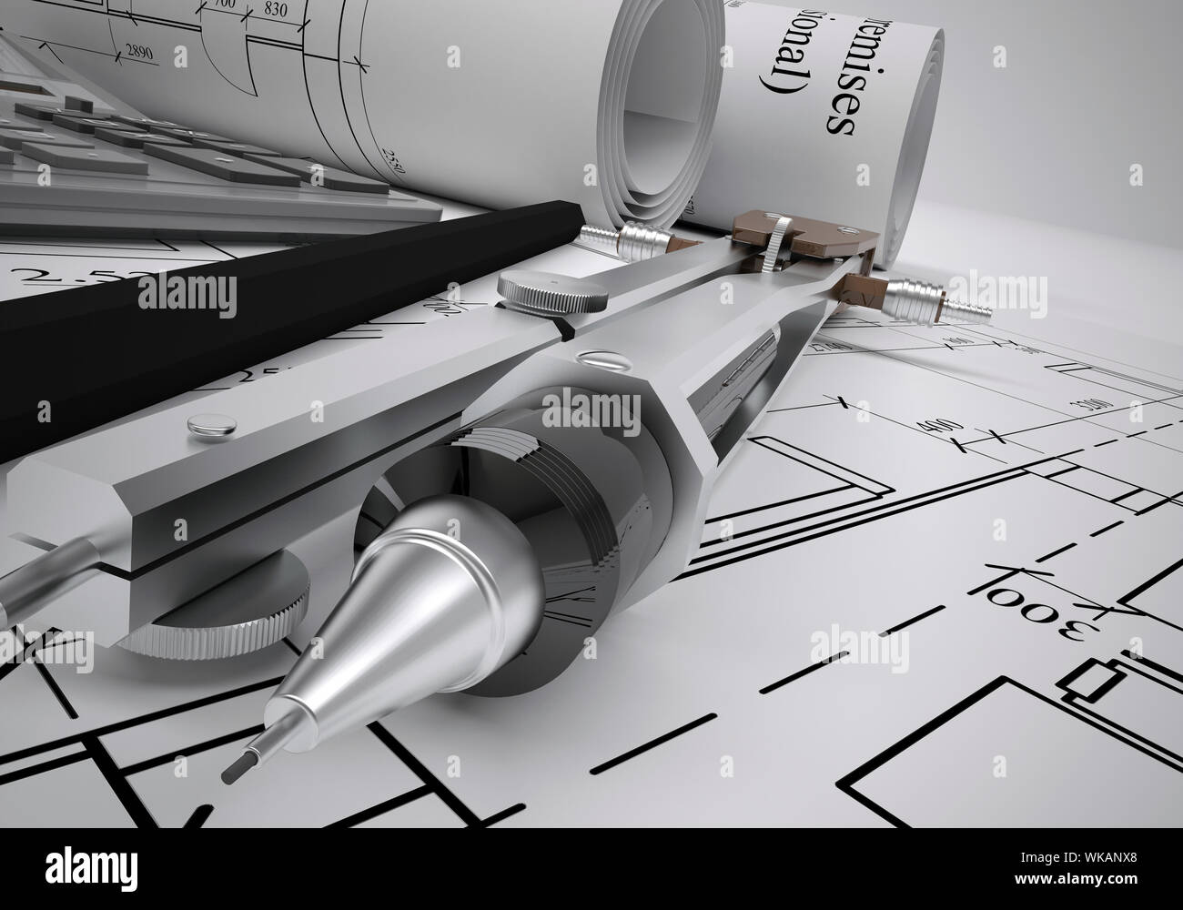 Scrolls of architectural drawings. The desk architect Stock Photo - Alamy