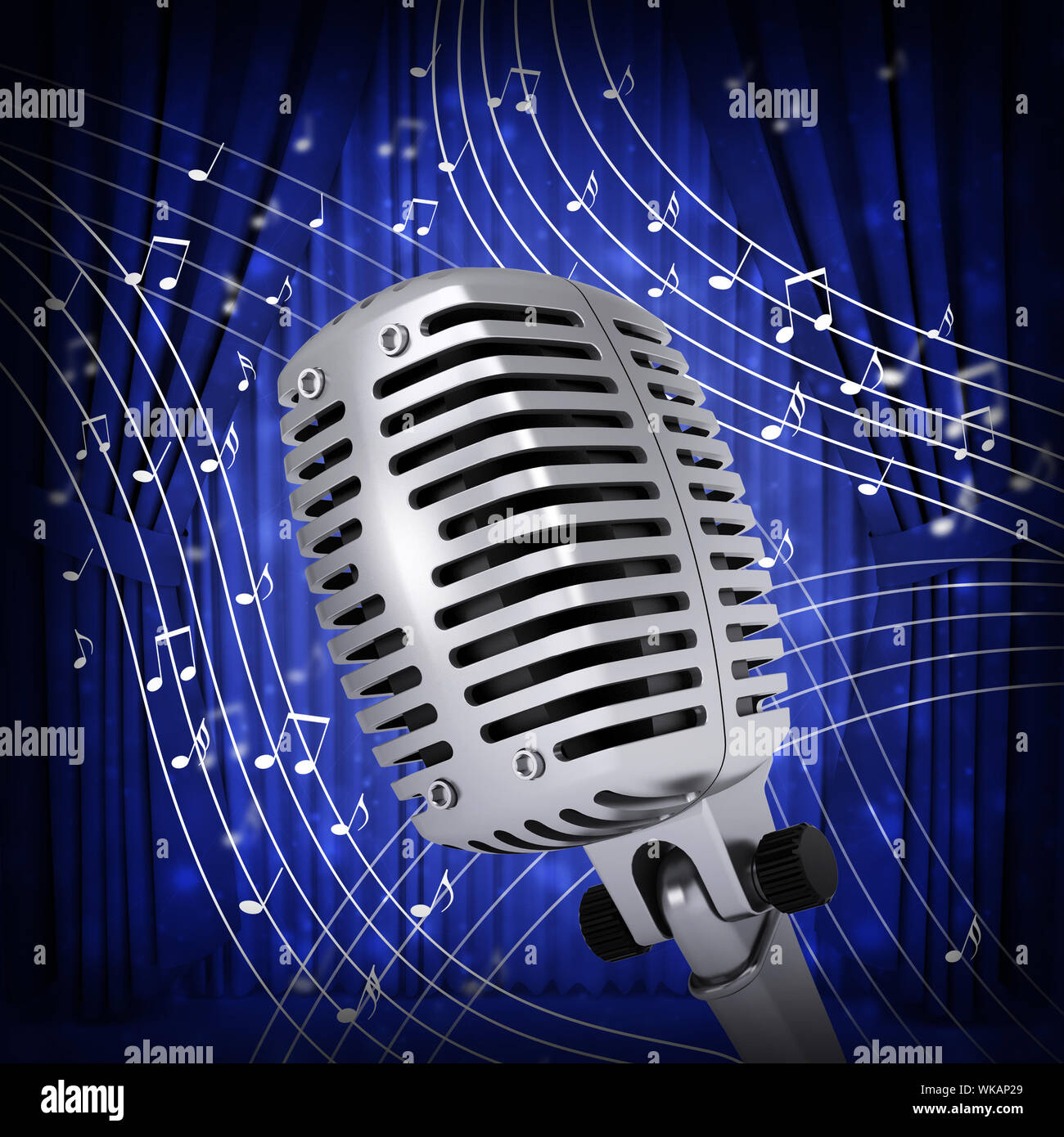 Music notes around studio microphone. Blue background Stock Photo - Alamy