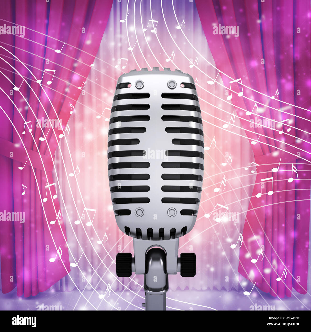 Music notes around studio microphone. Pink background Stock Photo - Alamy