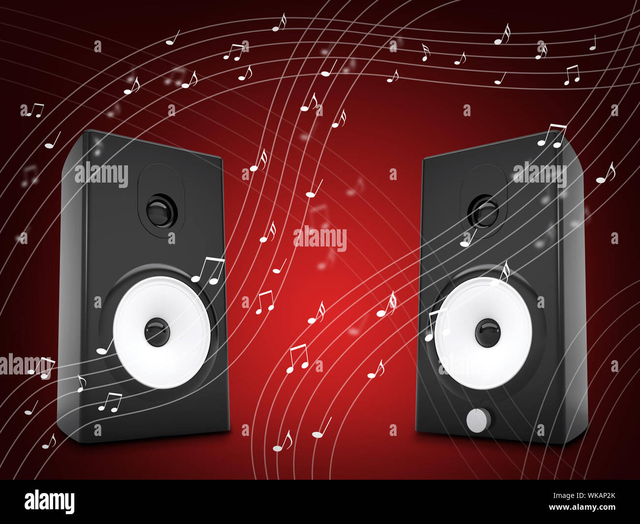 Music notes around audio speakers. Red background Stock Photo - Alamy