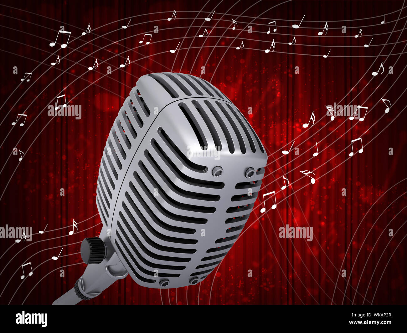 Music notes around studio microphone. Red background Stock Photo - Alamy