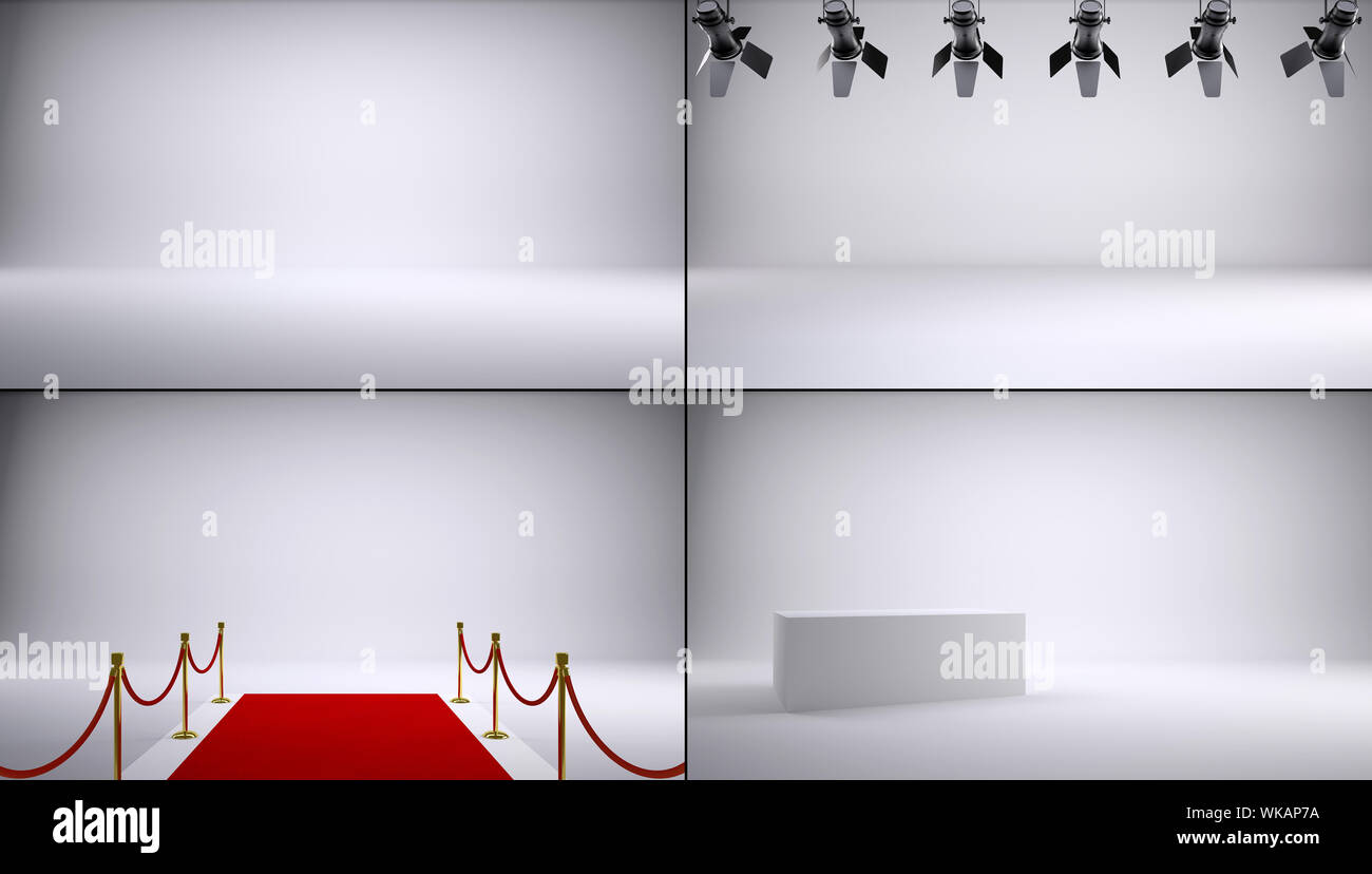 Collection of gray studio shots. Red carpet, box and lighting lamps ...