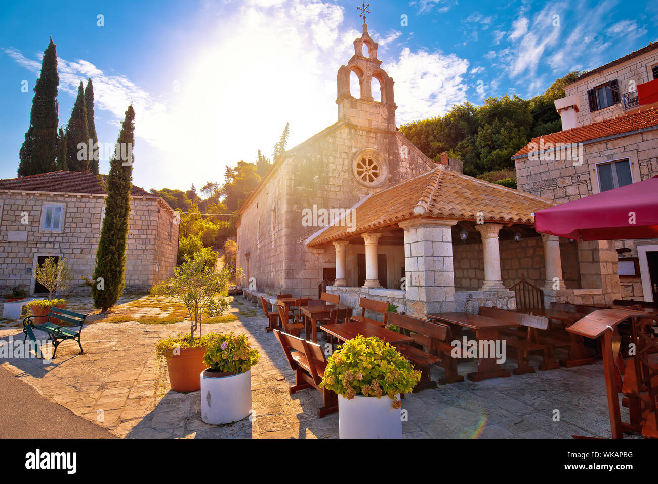 Idyllic coastal village of Racisce on Korcula island stone chapel sun ...