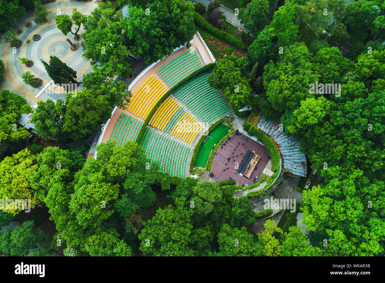 Aerial view of Varna, Bulgaria and summer theatre in sea garden park ...