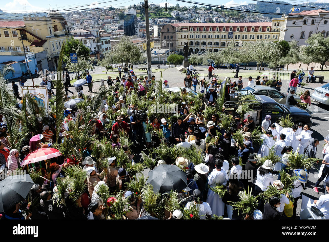 Residents of Quito in Ecuador carry bouquets of leaves and plants as ...
