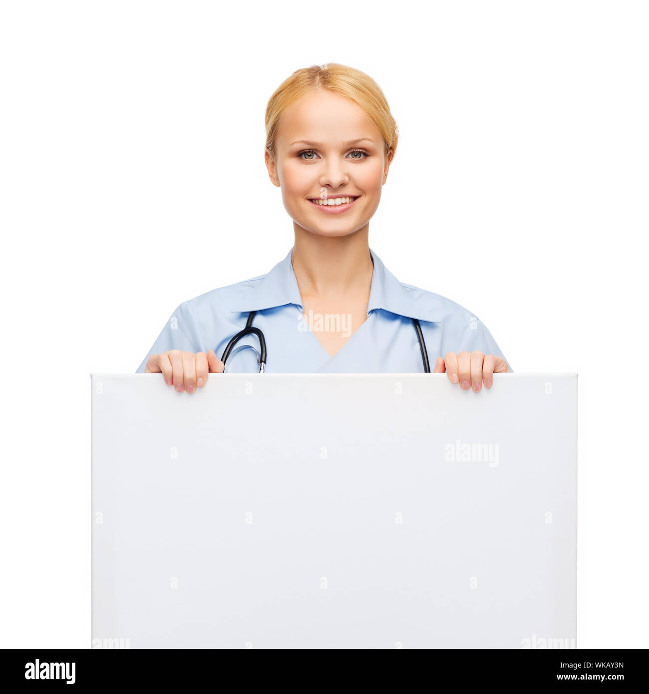 healthcare, medicine, advertisement and sale concept - smiling female ...