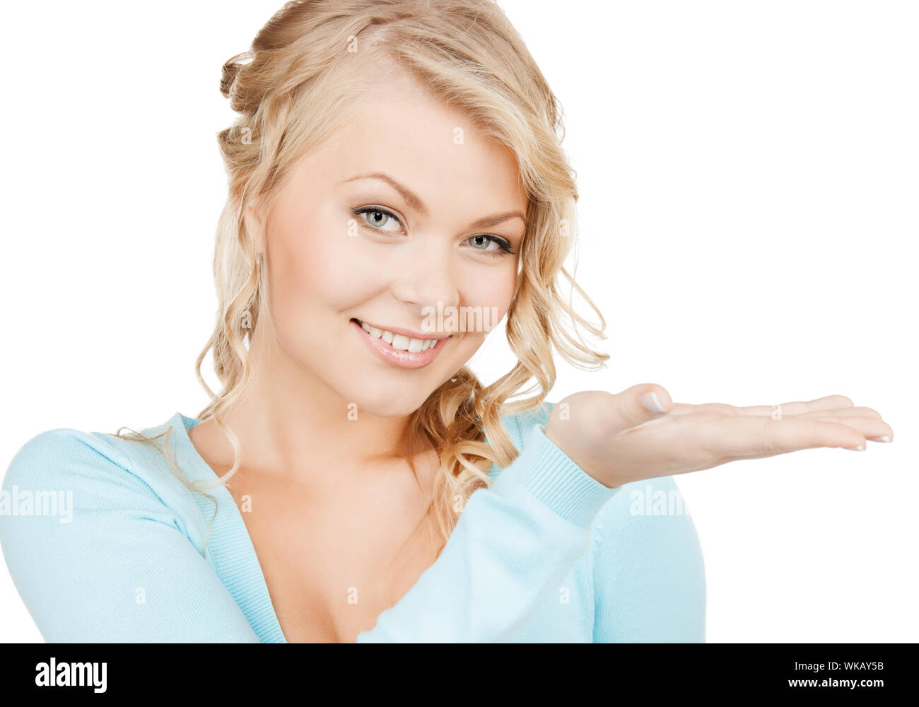 advertisement, business, promotion concept - woman showing something on ...