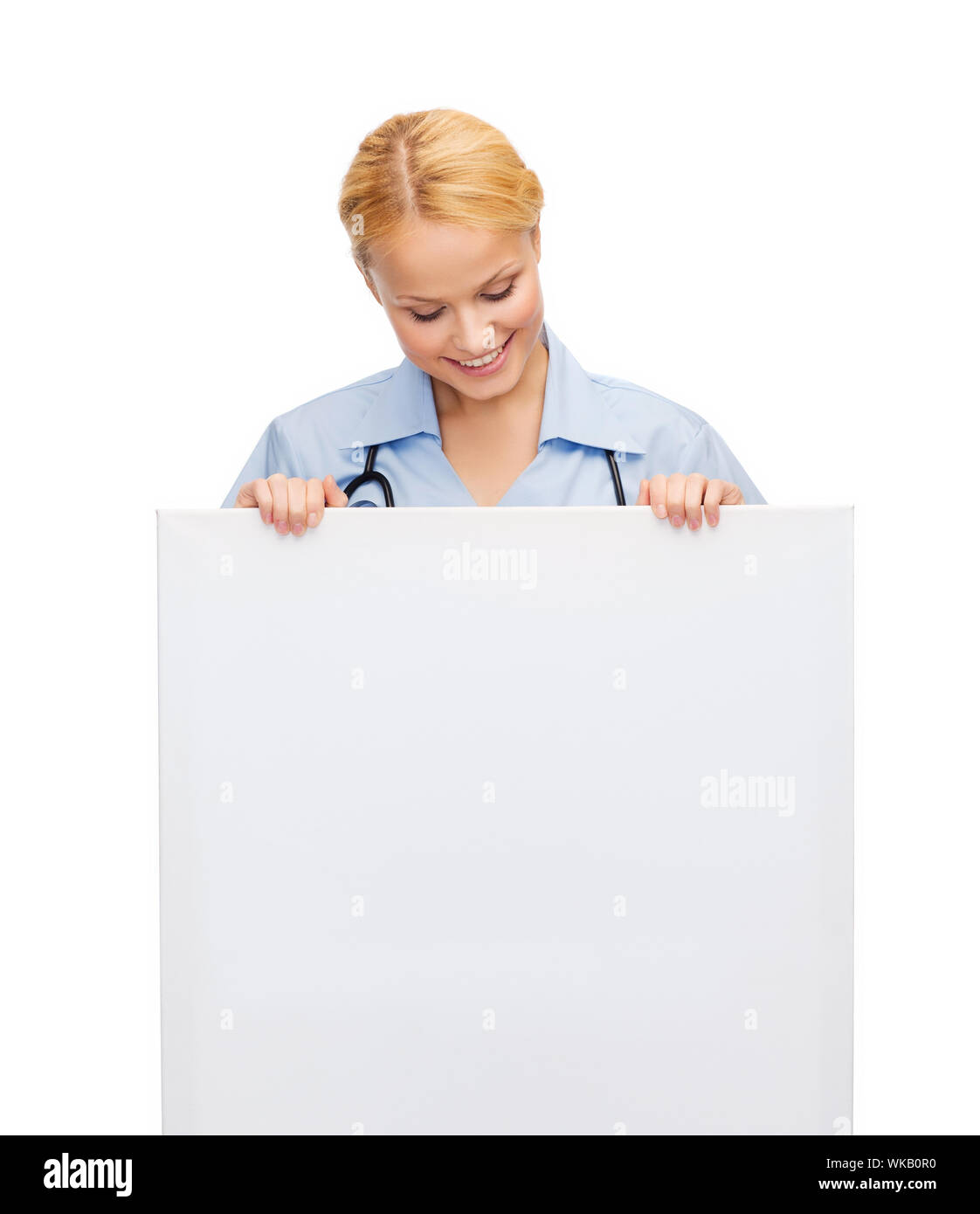 healthcare, medicine, advertisement and sale concept - smiling female ...