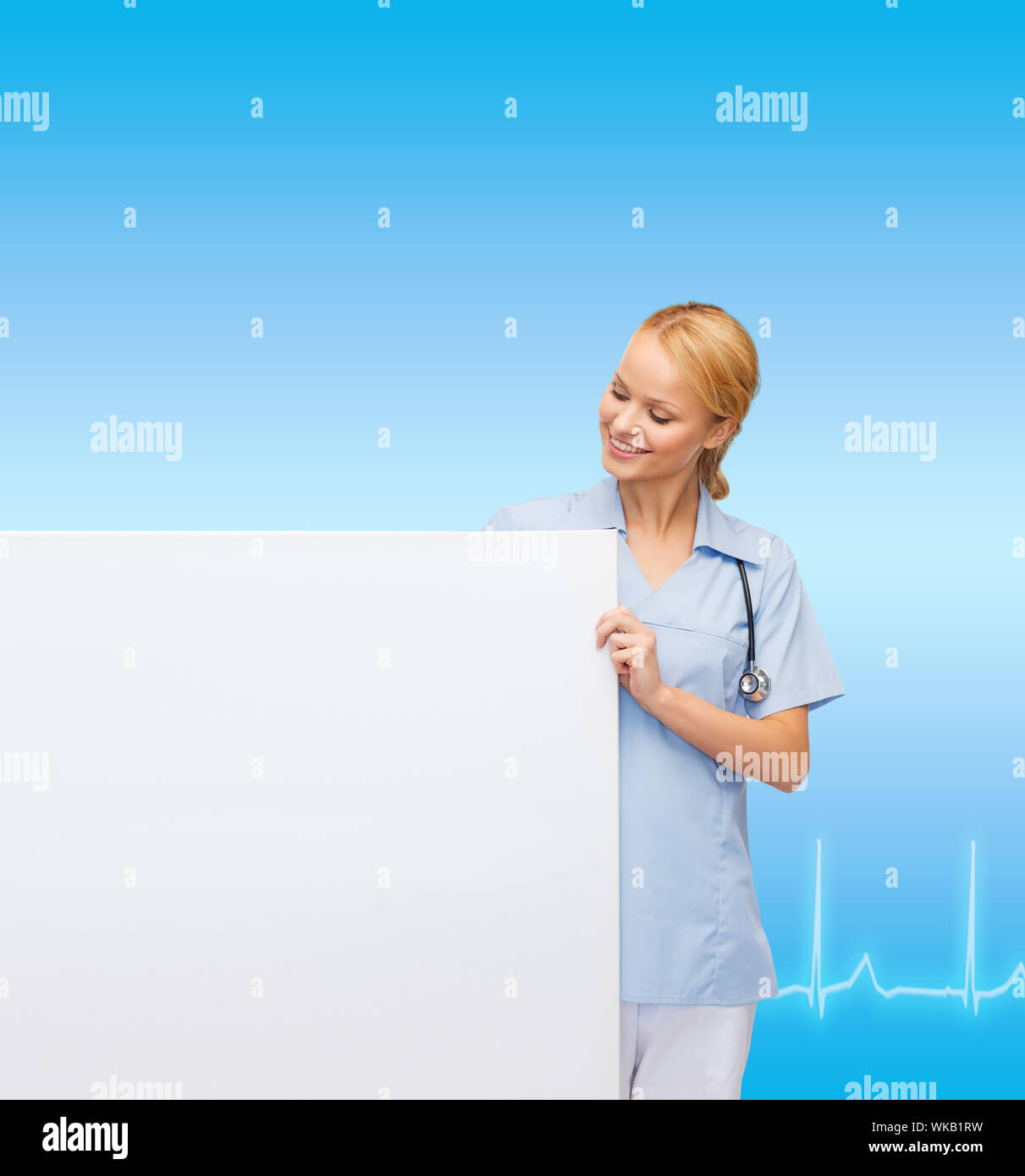 healthcare, medicine, advertisement and sale concept - smiling female ...