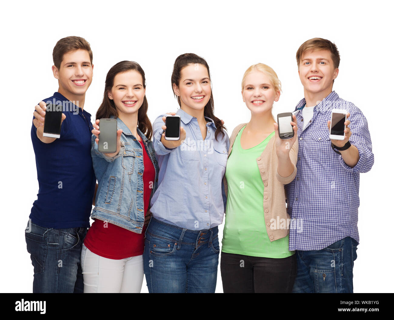 students showing blank smartphones screens Stock Photo - Alamy