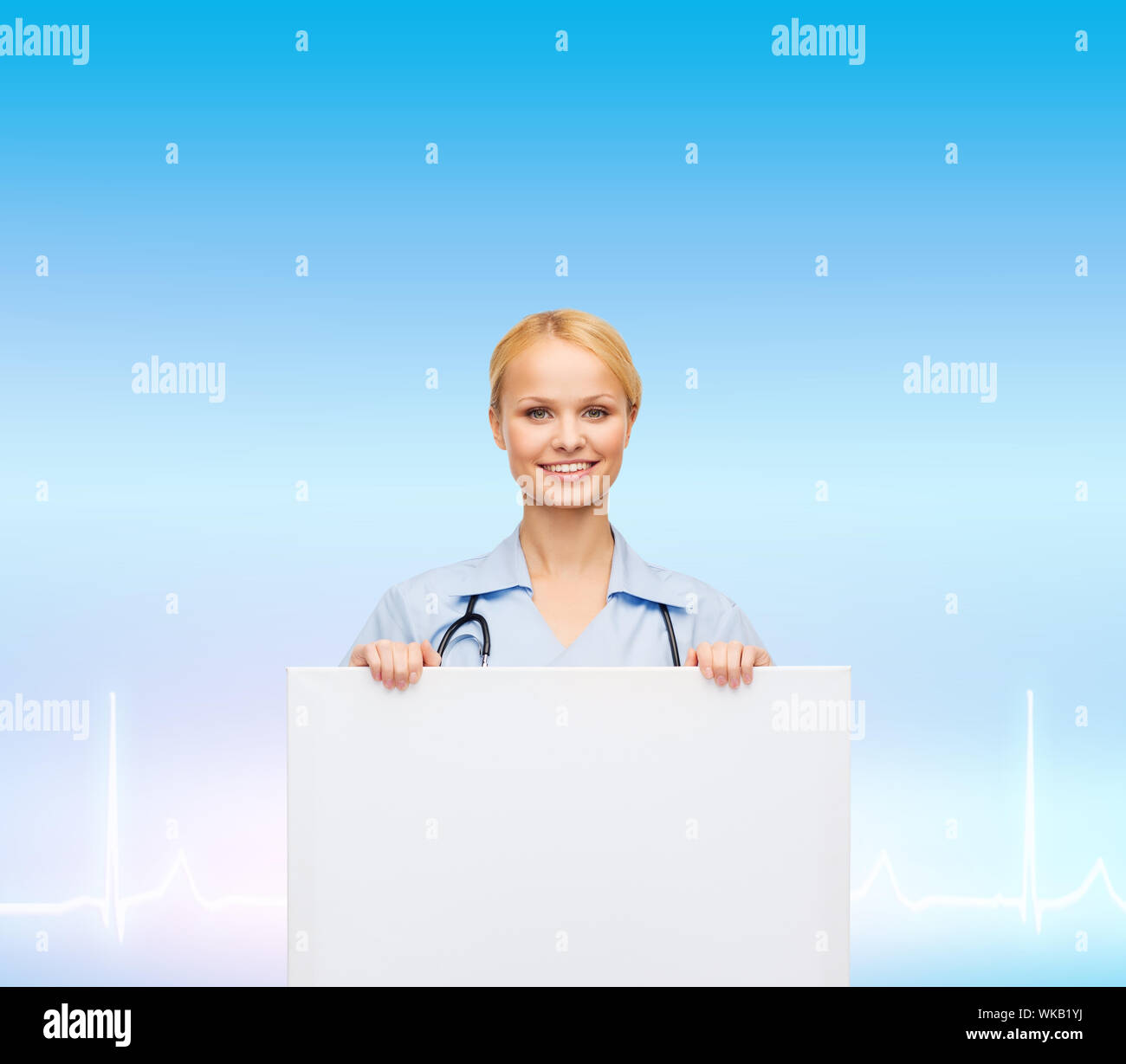 healthcare, medicine, advertisement and sale concept - smiling female ...