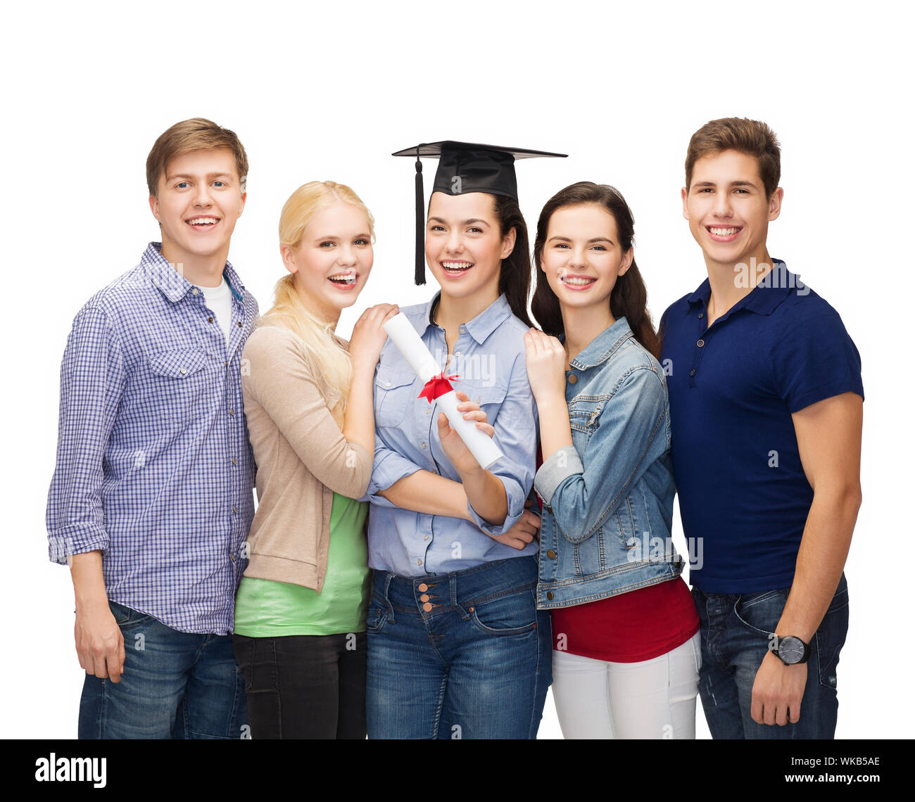 group of standing smiling students with diploma Stock Photo - Alamy