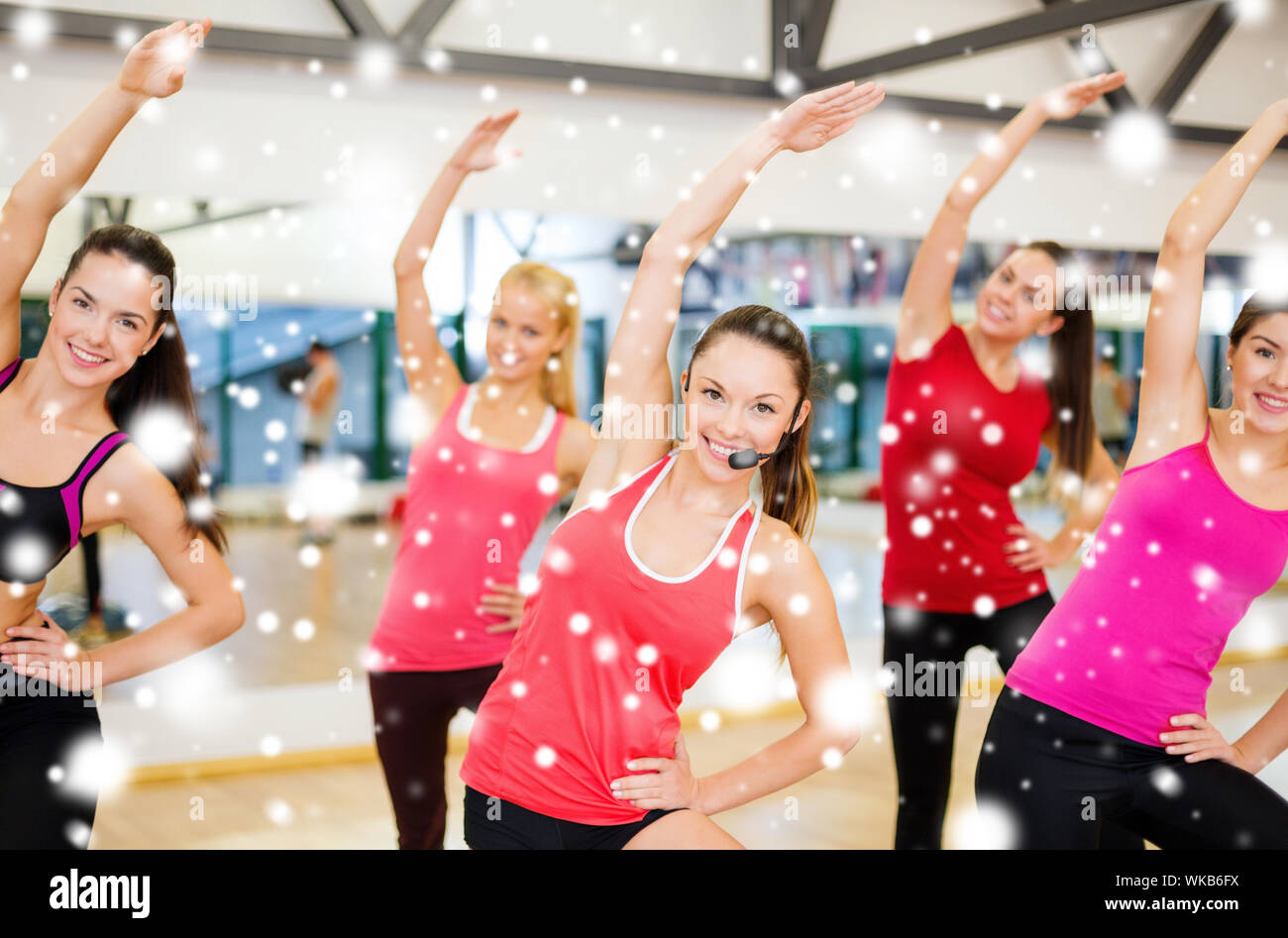 fitness, sport, training, gym and lifestyle concept - group of smiling ...