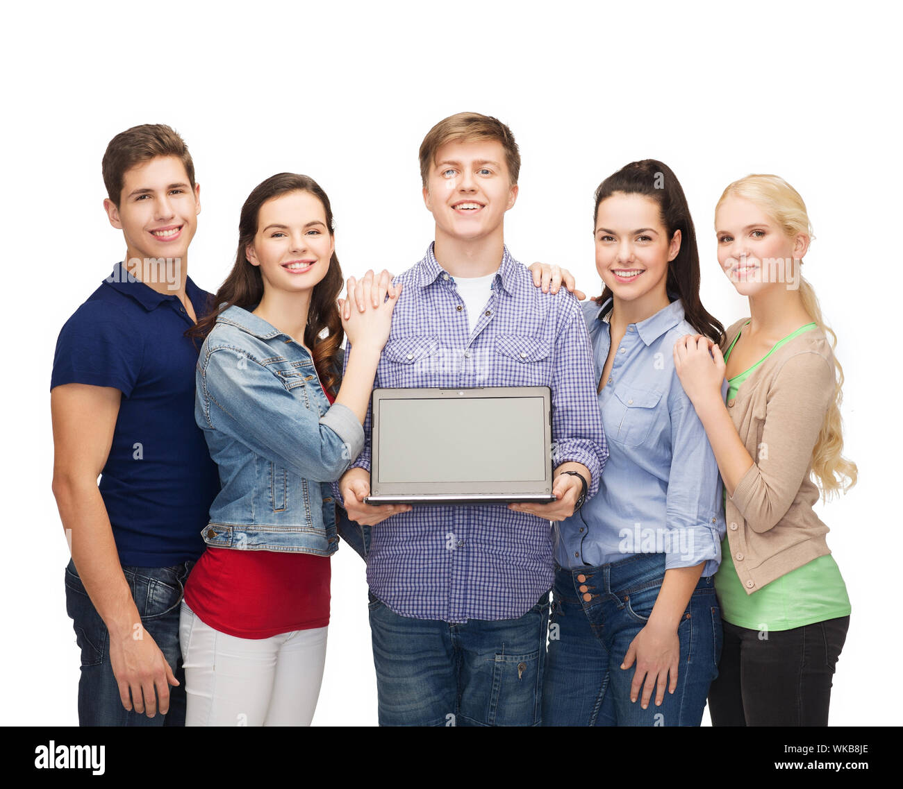 education, advertisement and new technology concept - smiling students ...