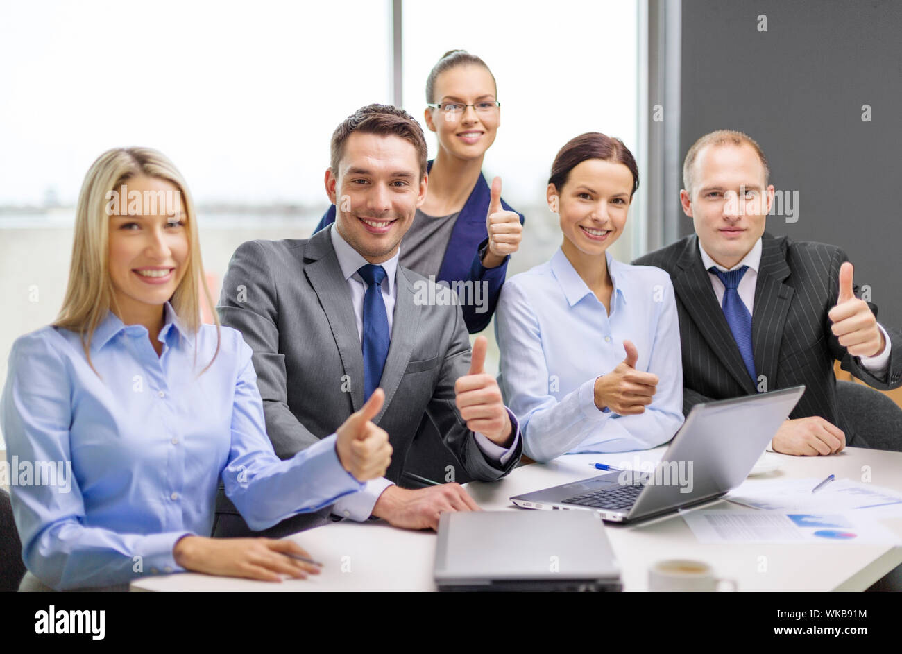 business, success, technology and office concept - smiling business ...