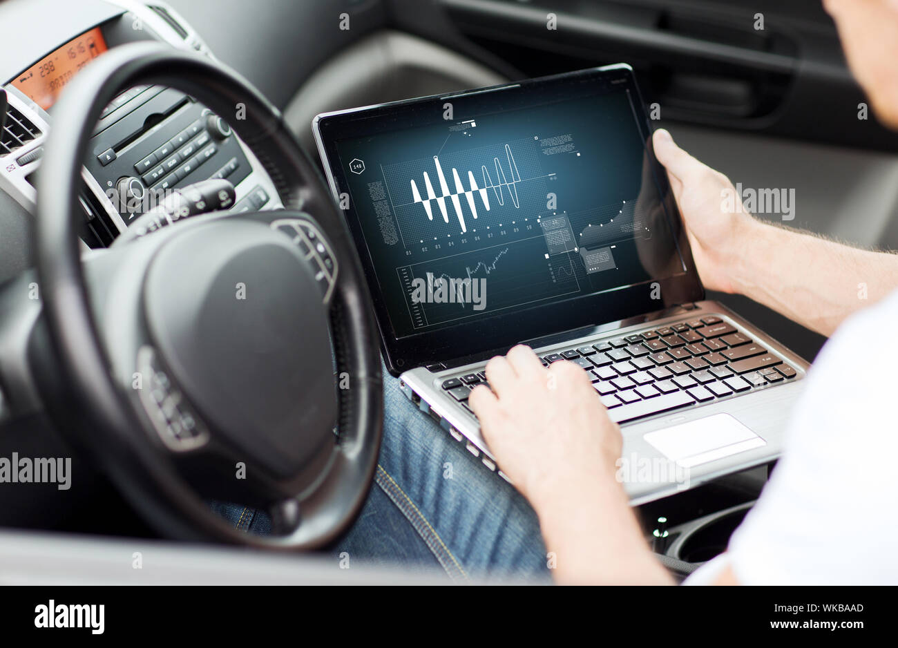 transportation and vehicle concept - man using laptop computer in car ...