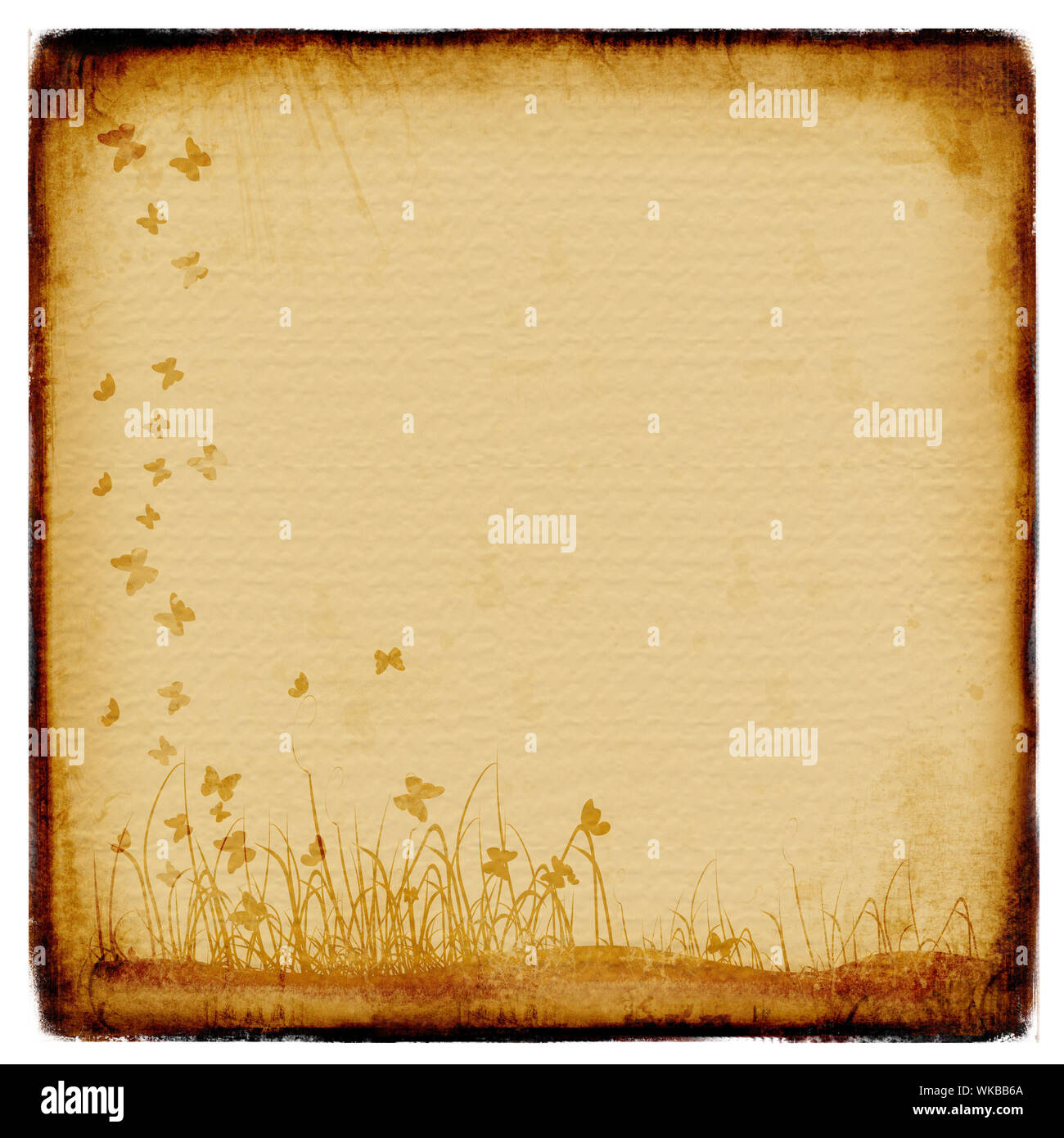 Grunge background, old paper, pattern, grass and butterflies Stock ...