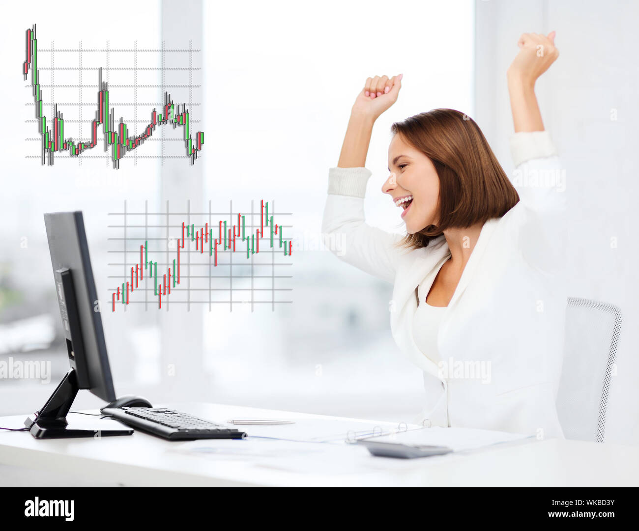 business, office, triumph, winning and mony concept - happy ...