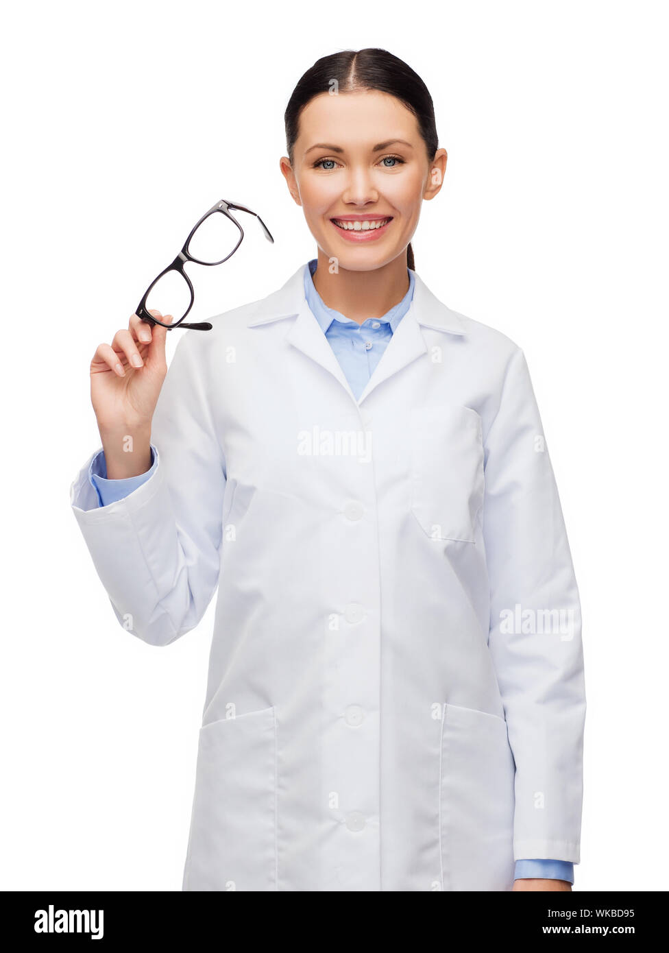 healthcare, vision and medicine concept - smiling female doctor without ...
