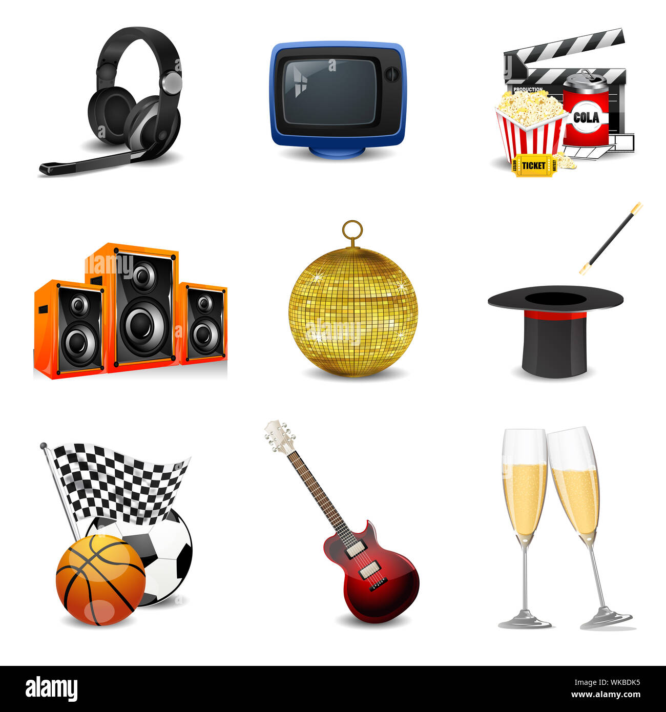 illustration of entertainment icons on white background Stock Photo - Alamy