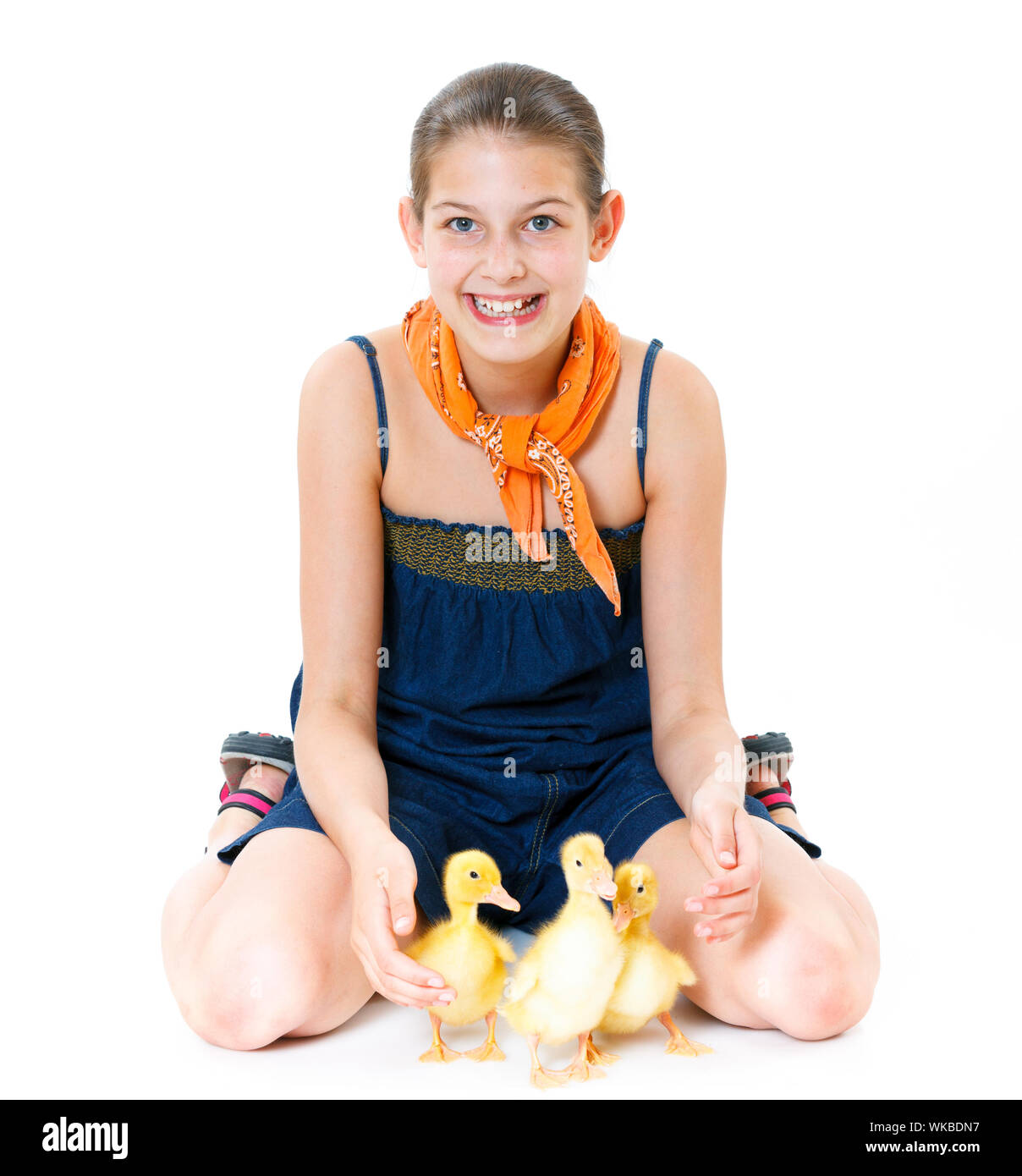 Happy cute girl with cute ducklings isolated on white background Stock ...