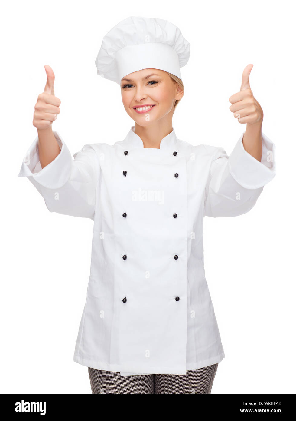 cooking, gesture and food concept - smiling female chef, cook or baker ...