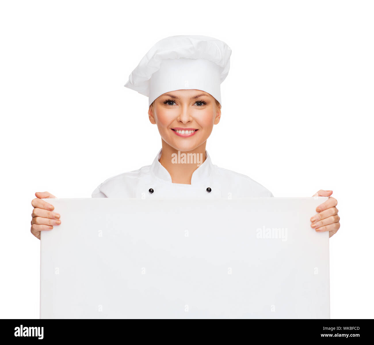 cooking, advertisement and food concept - smiling female chef, cook or ...