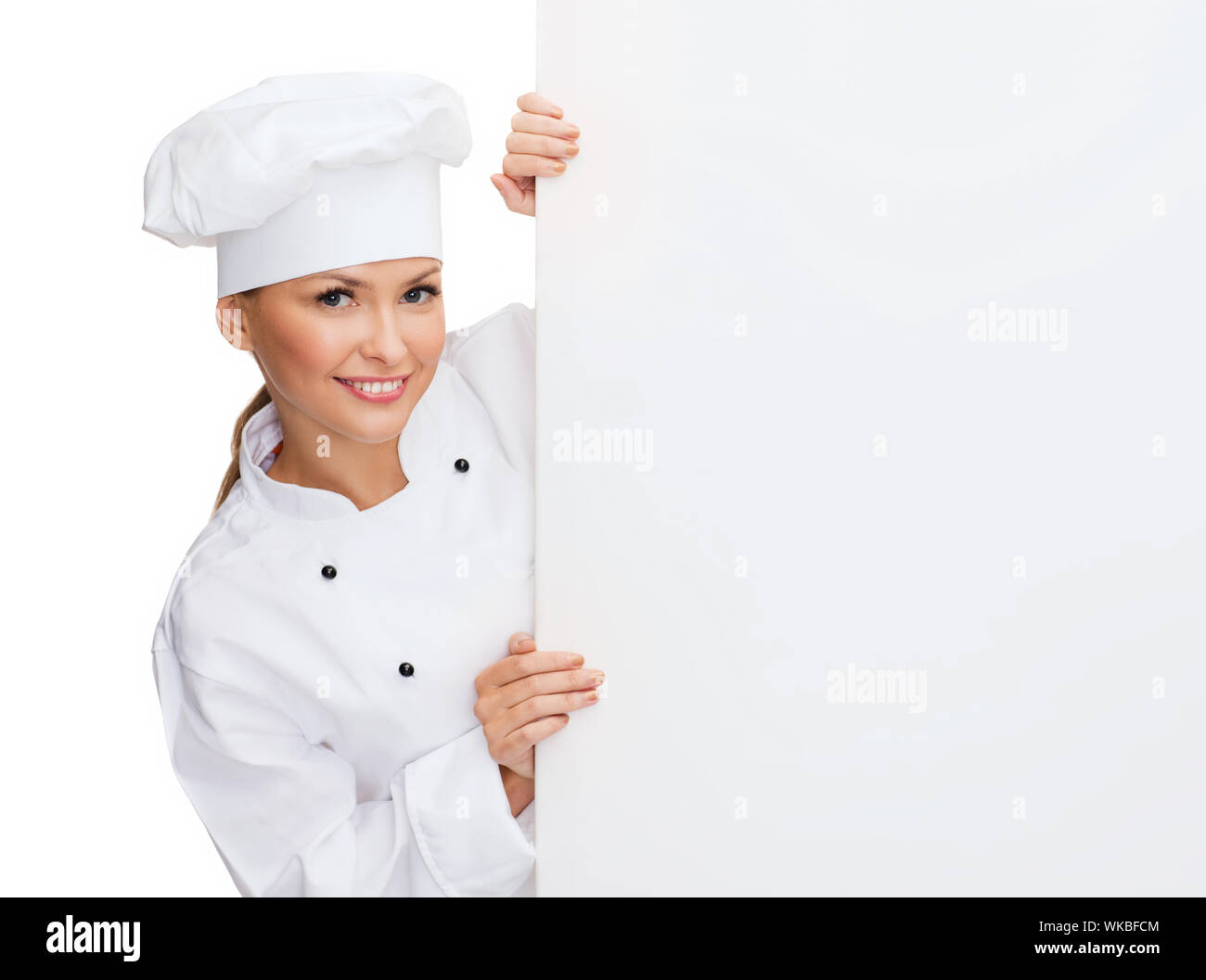 cooking, advertisement and food concept - smiling female chef, cook or ...