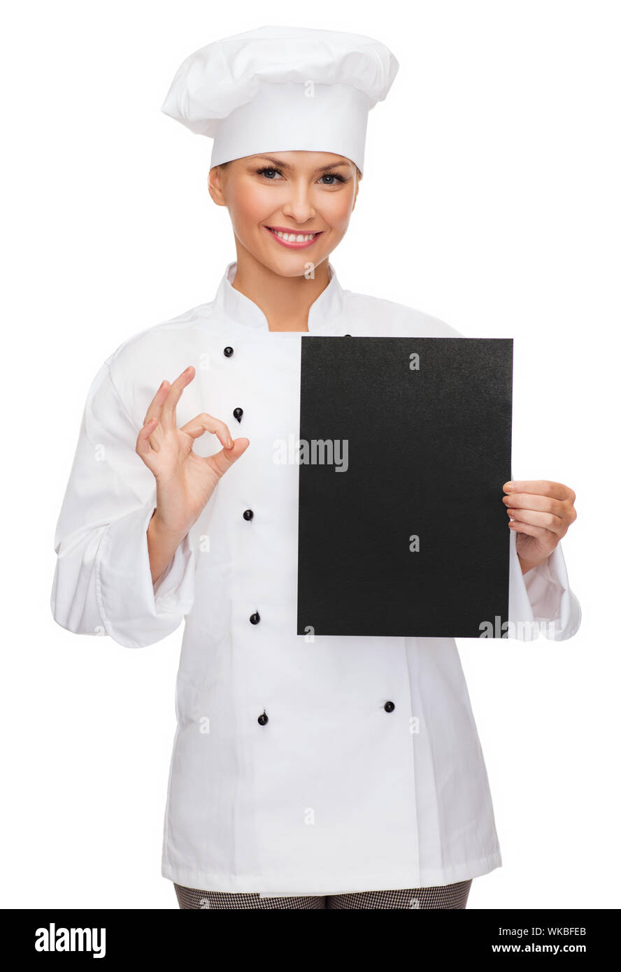cooking, advertisement and food concept - smiling female chef, cook or ...