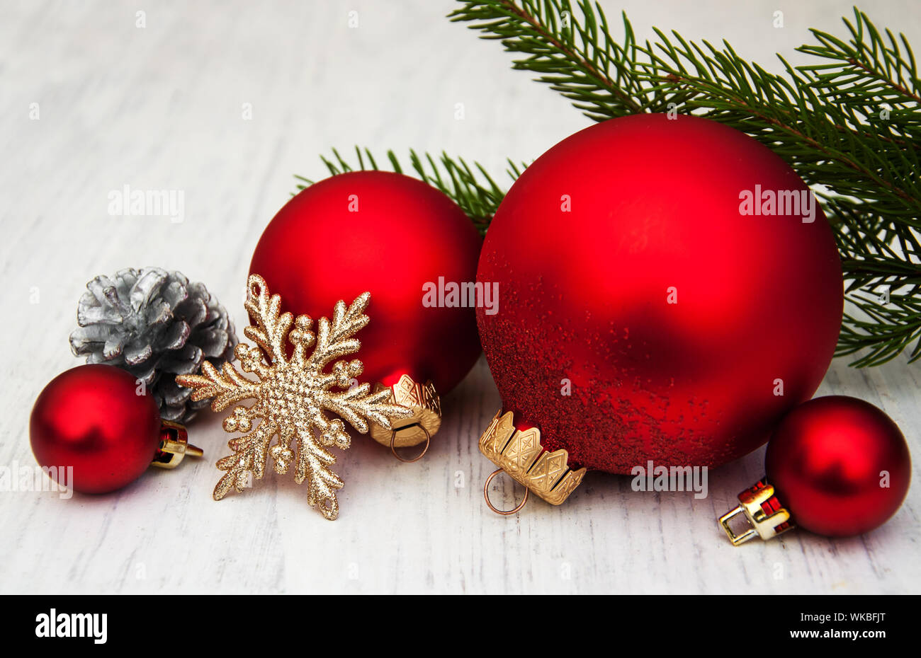 christmas decoration baubles and a branch of pine tree Stock Photo - Alamy
