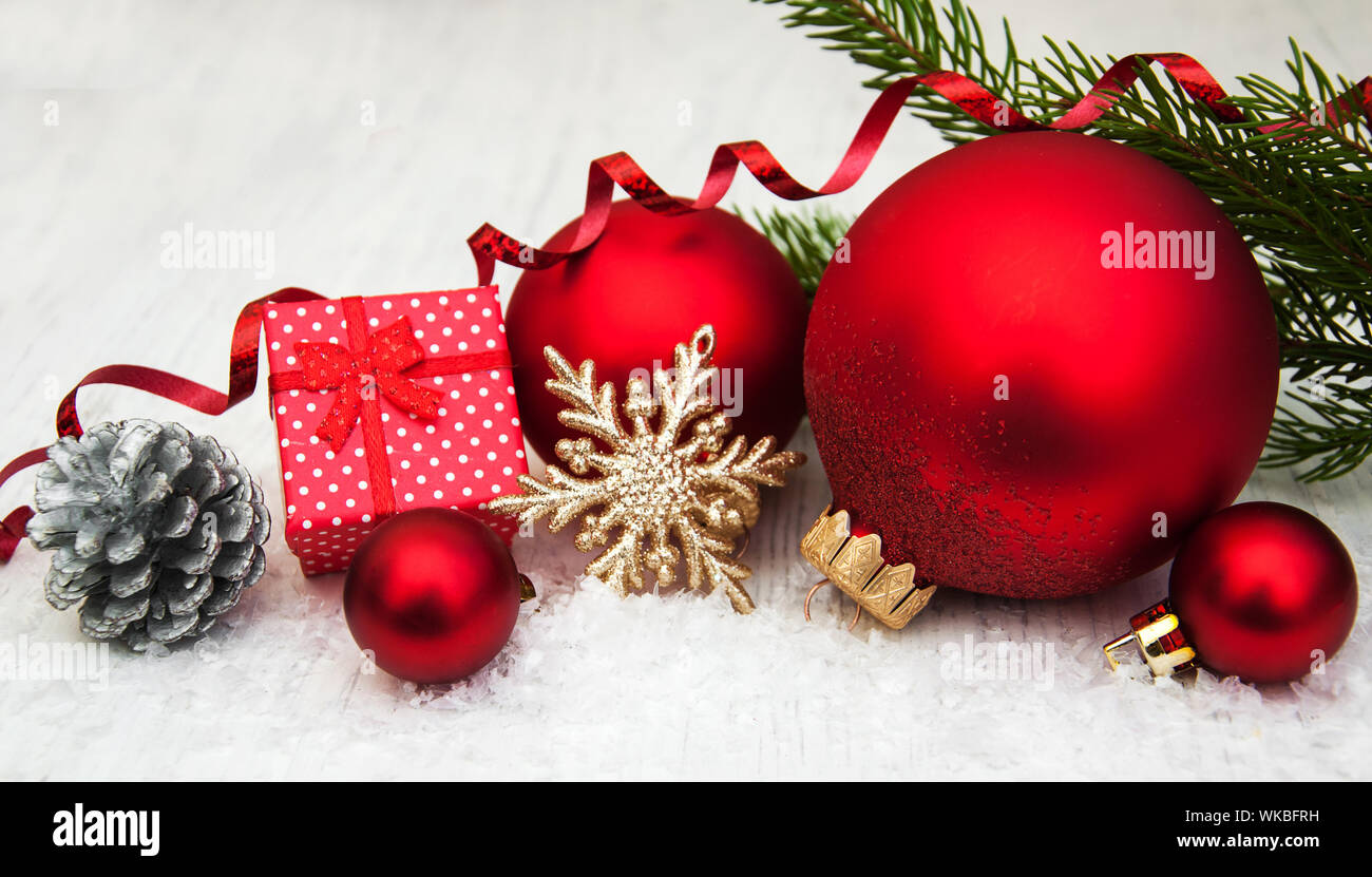christmas decoration baubles and a branch of pine tree Stock Photo - Alamy