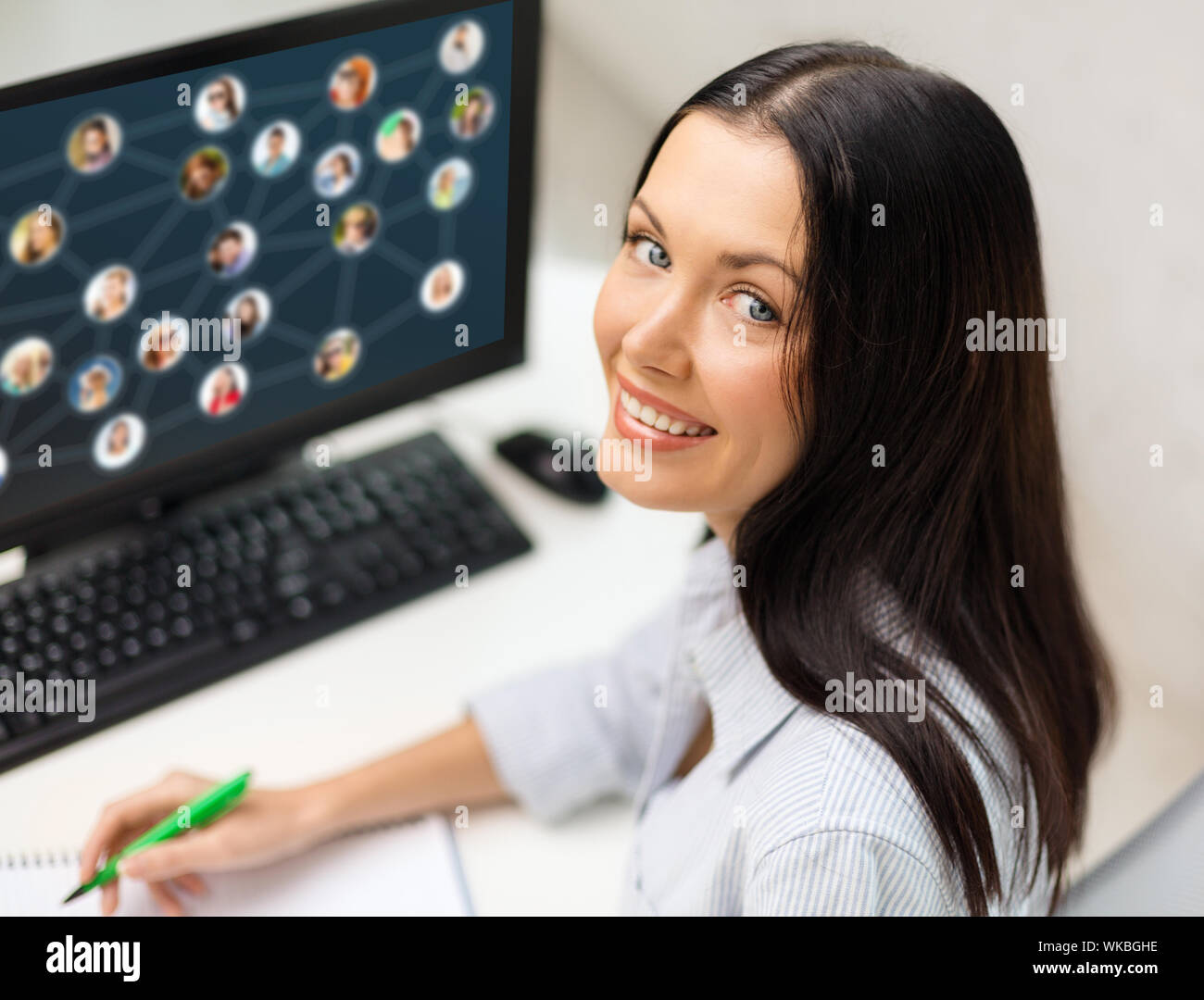 networking, business and technology concept - smiling businesswoman ...