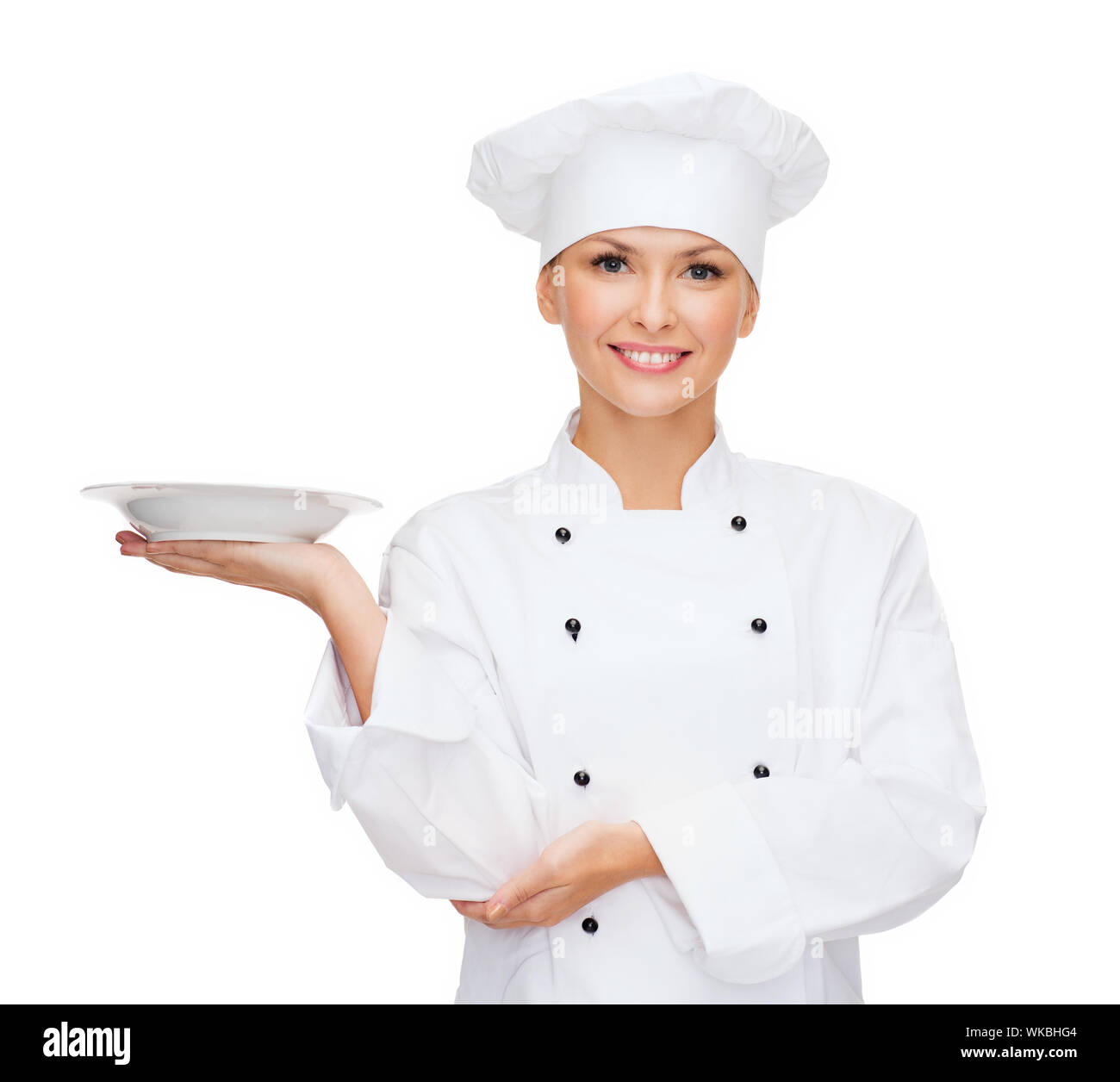 cooking and food concept - smiling female chef, cook or baker with ...