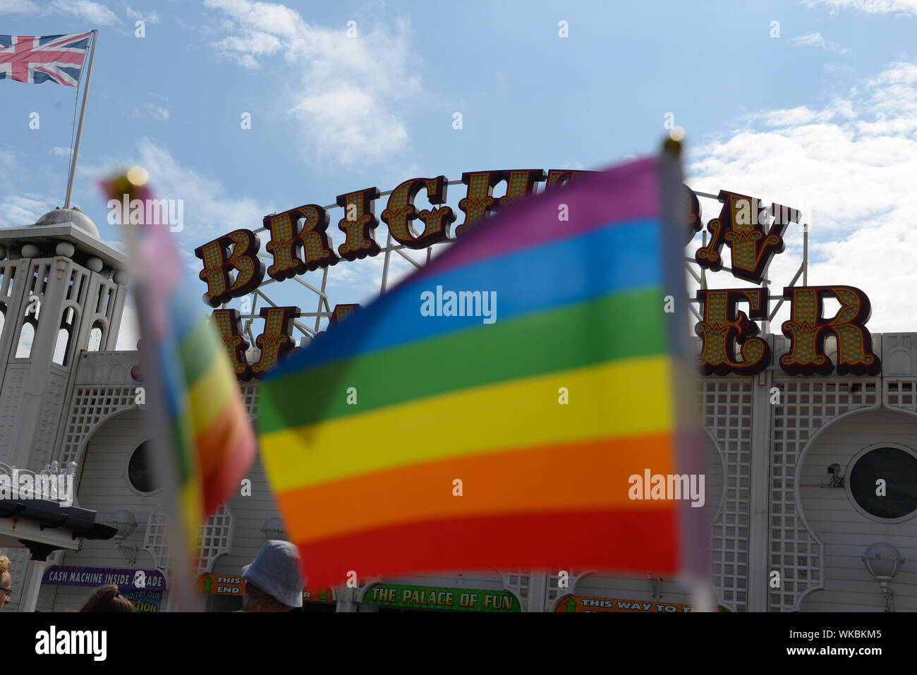 Brighton, uk, 2019-08-29. Close up of colorful flags obscuring parts of ...