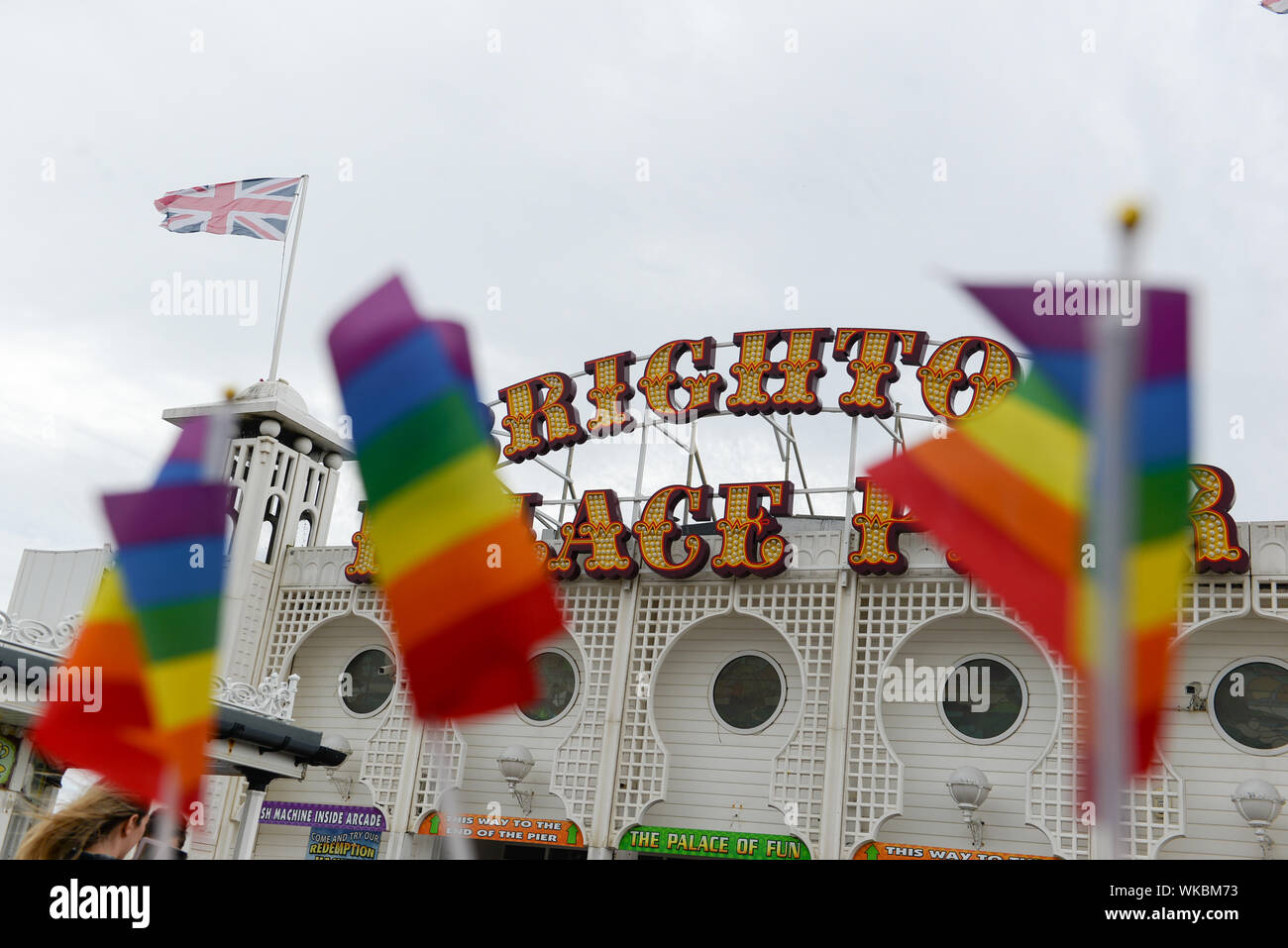 Brighton, uk, 2019-08-29. Close up of colorful flags obscuring parts of ...