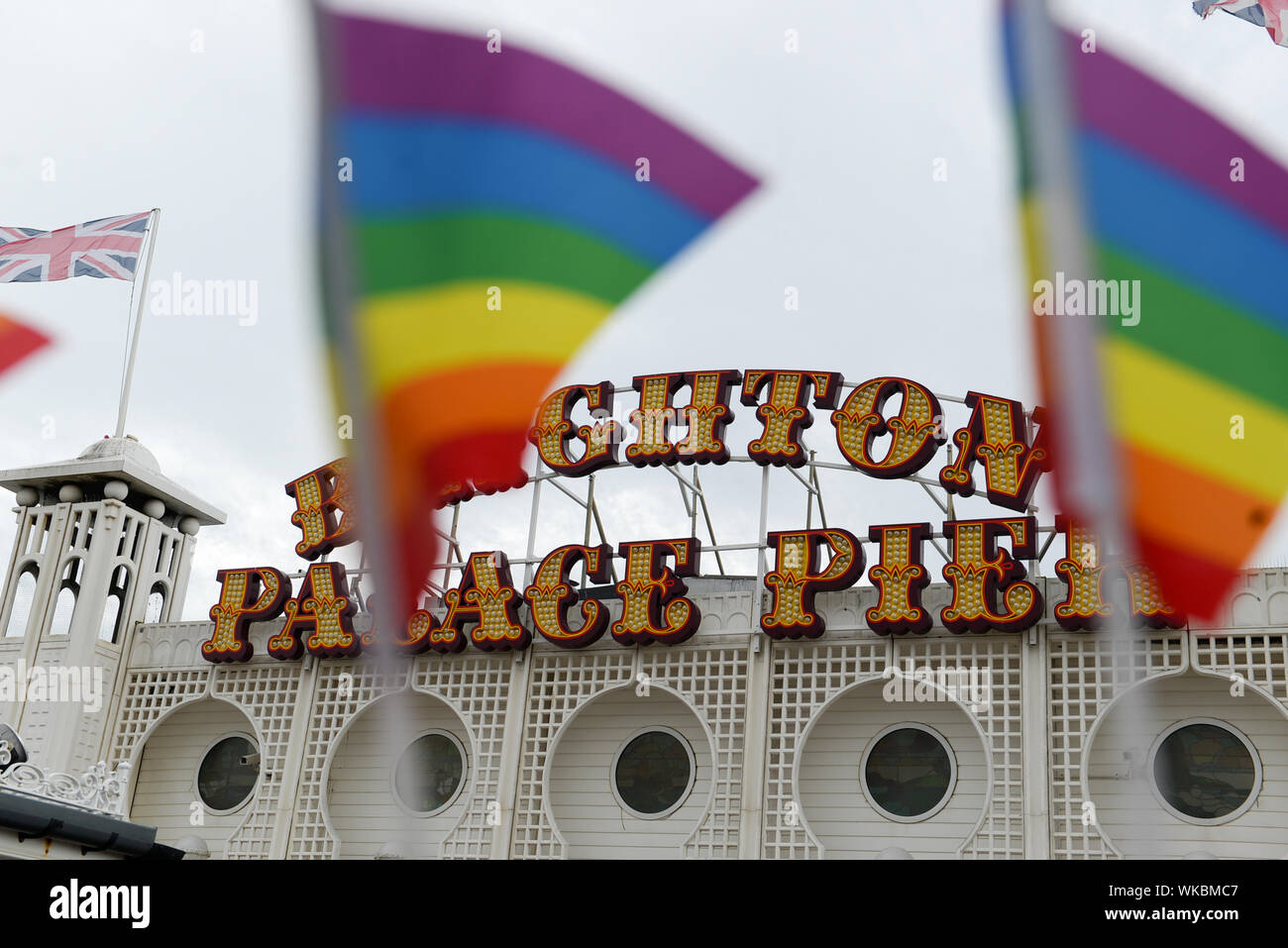 Brighton, uk, 2019-08-29. Close up of colorful flags obscuring parts of ...