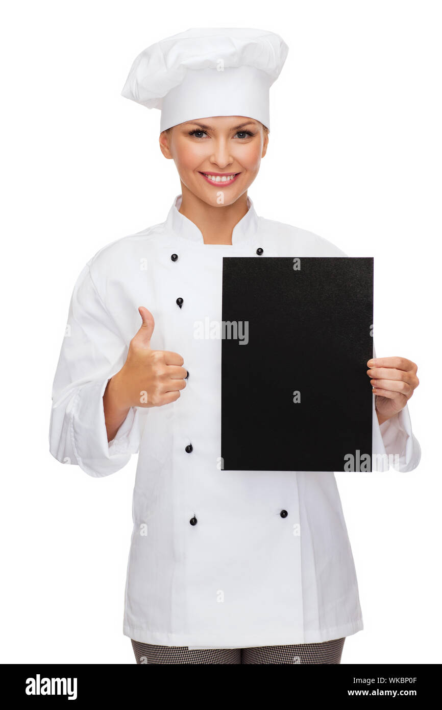 cooking, advertisement and food concept - smiling female chef, cook or ...