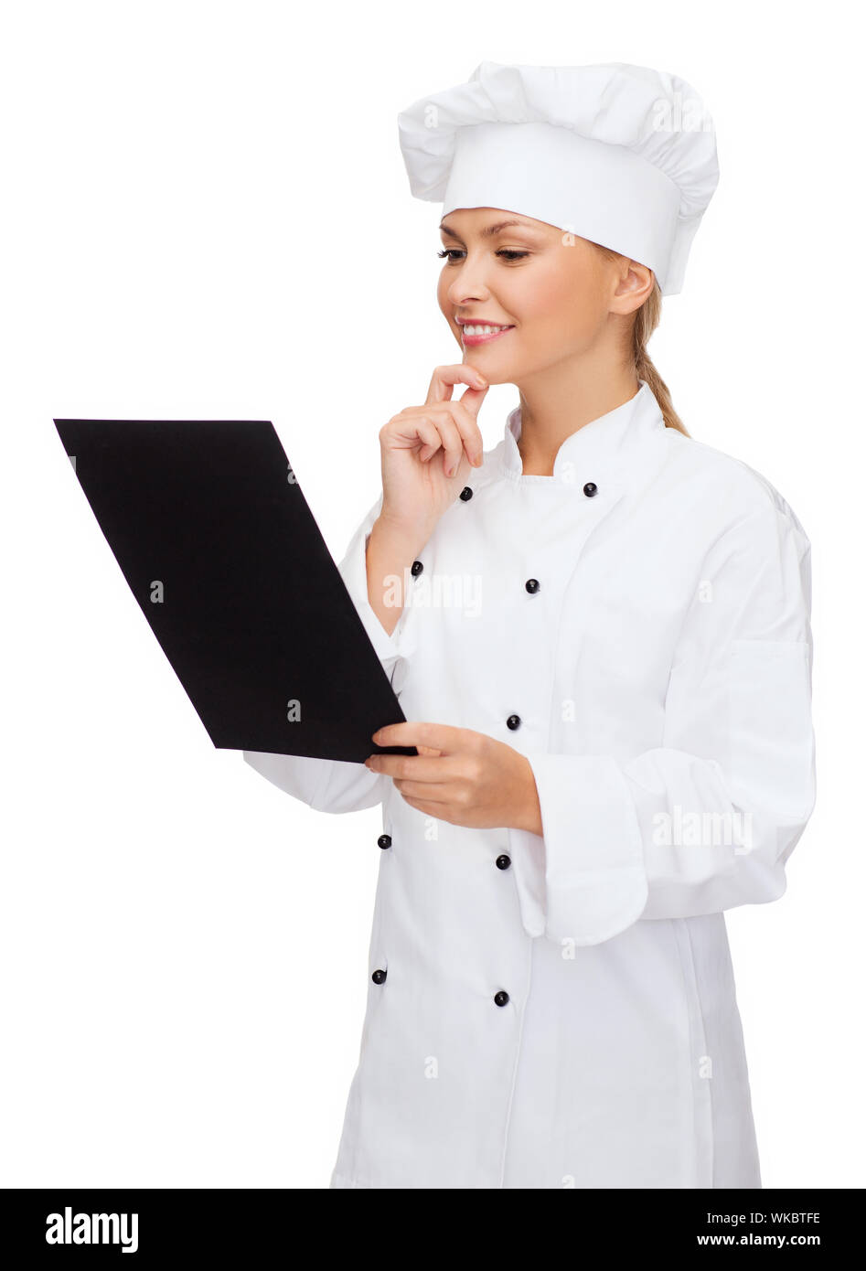 cooking, advertisement and food concept - smiling female chef, cook or ...