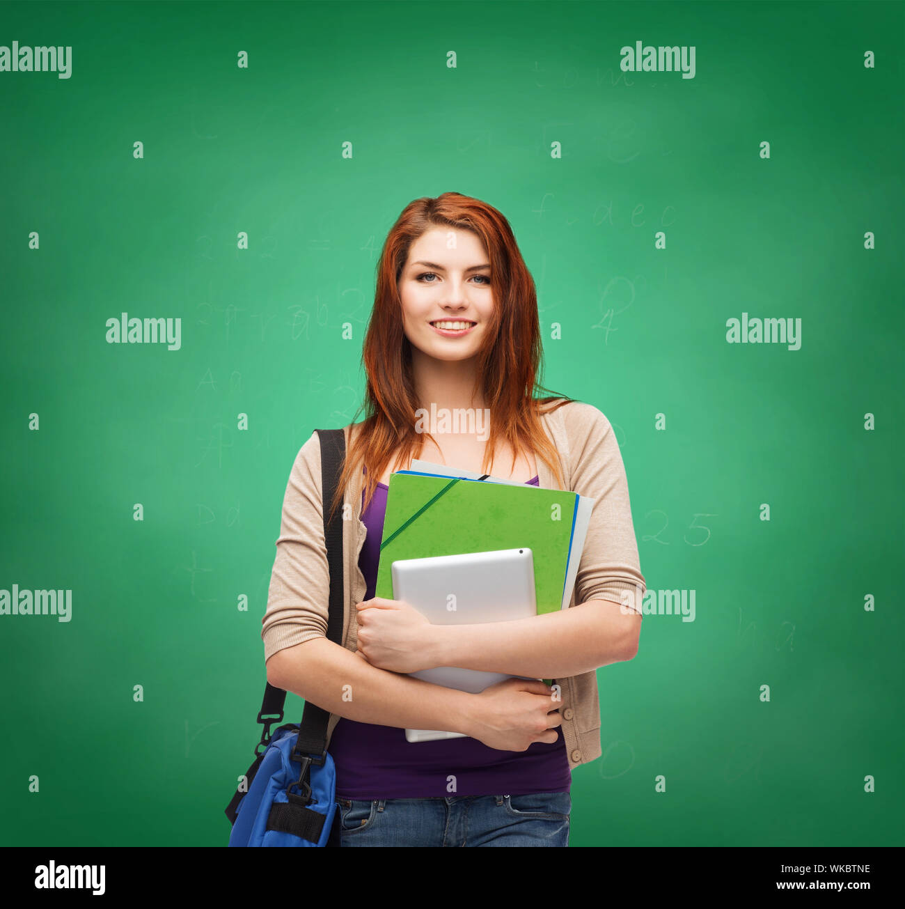 education, technology and people concept - smiling student with bag ...