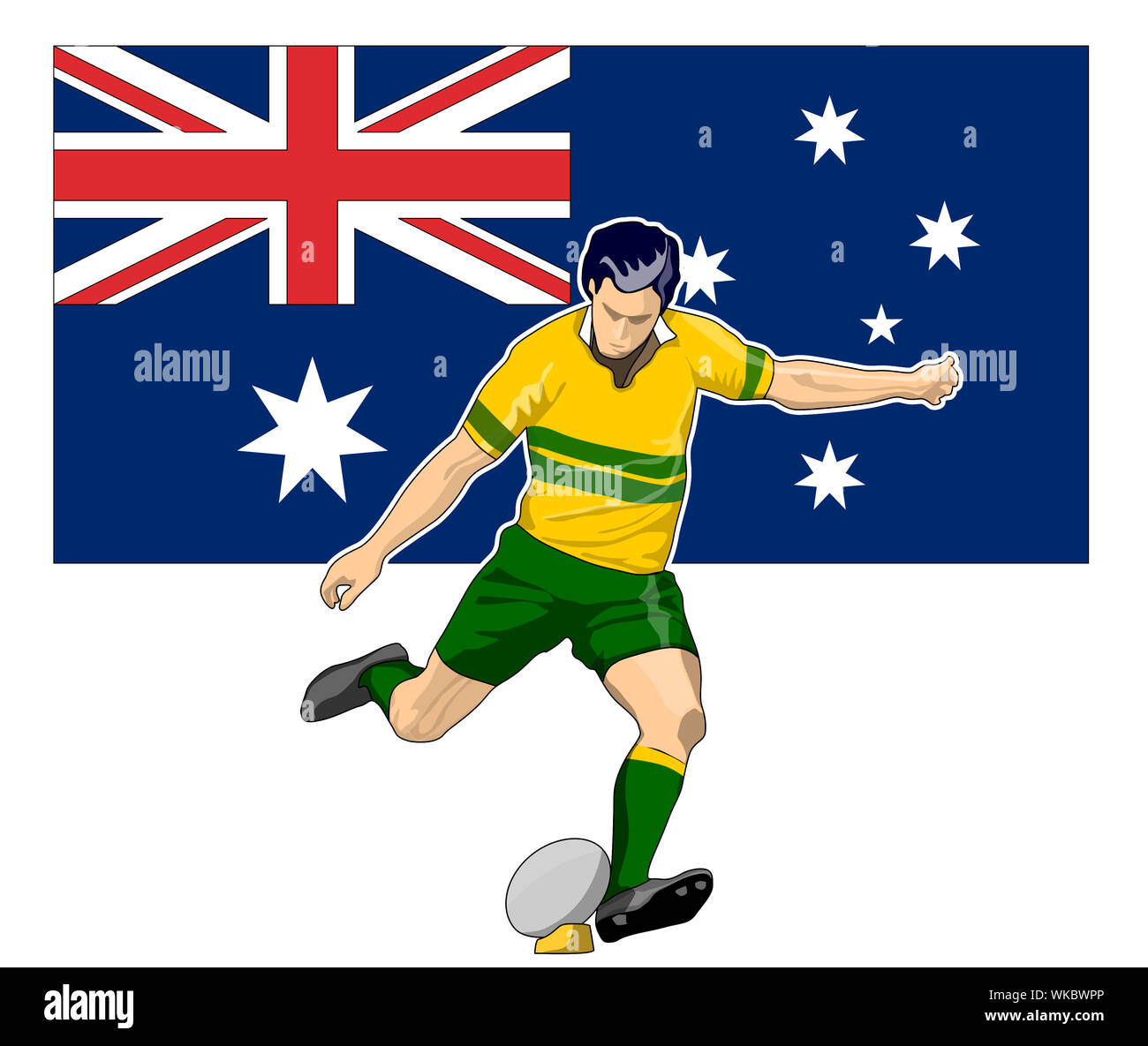 illustration of Rugby player kicking ball front view with Australia ...