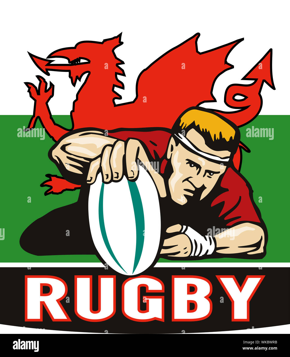 illustration of a Rugby player scoring try viewed from front with wales ...