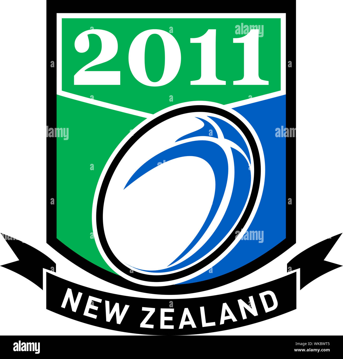 illustration of a rugby ball set inside shield with ribbon scroll and ...