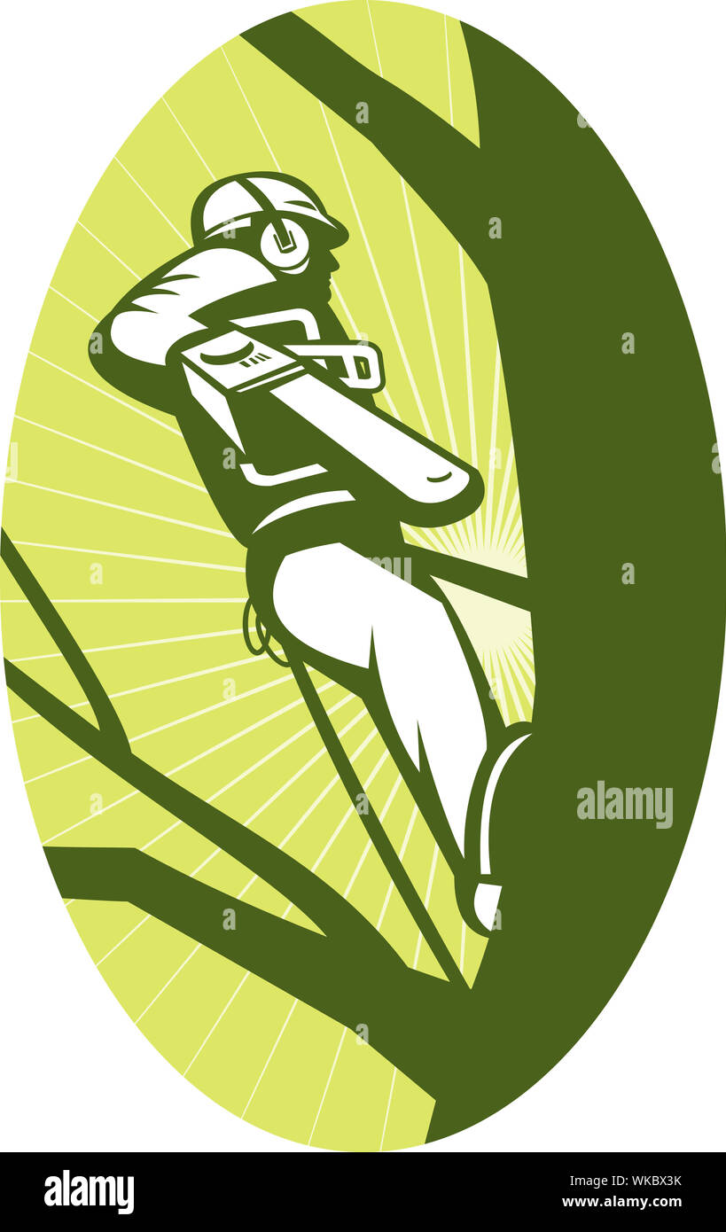 illustration of a tree surgeon or arborist chainsaw cutting tree done ...