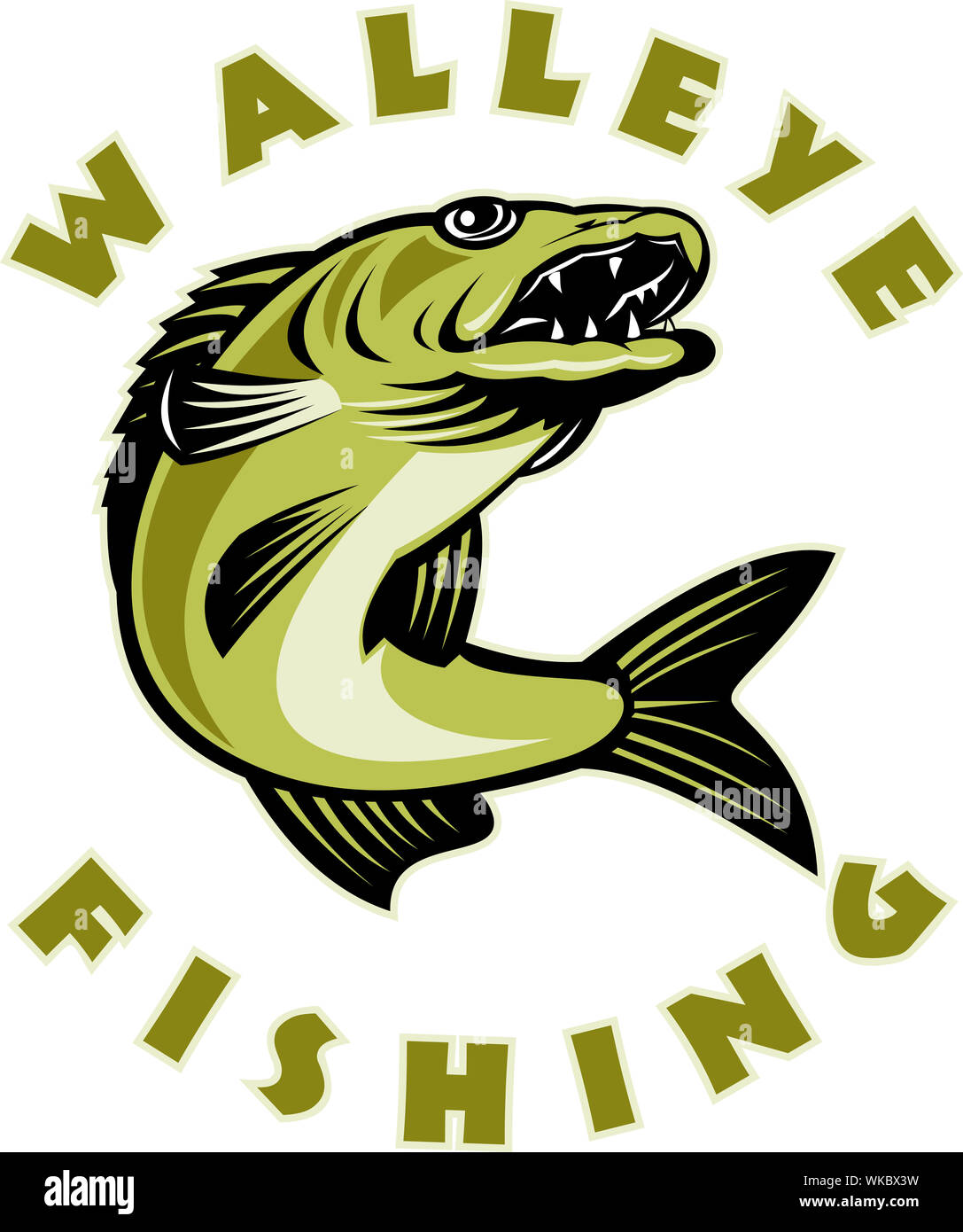 illustration of a Walleye fish jumping isolated on white with words ...