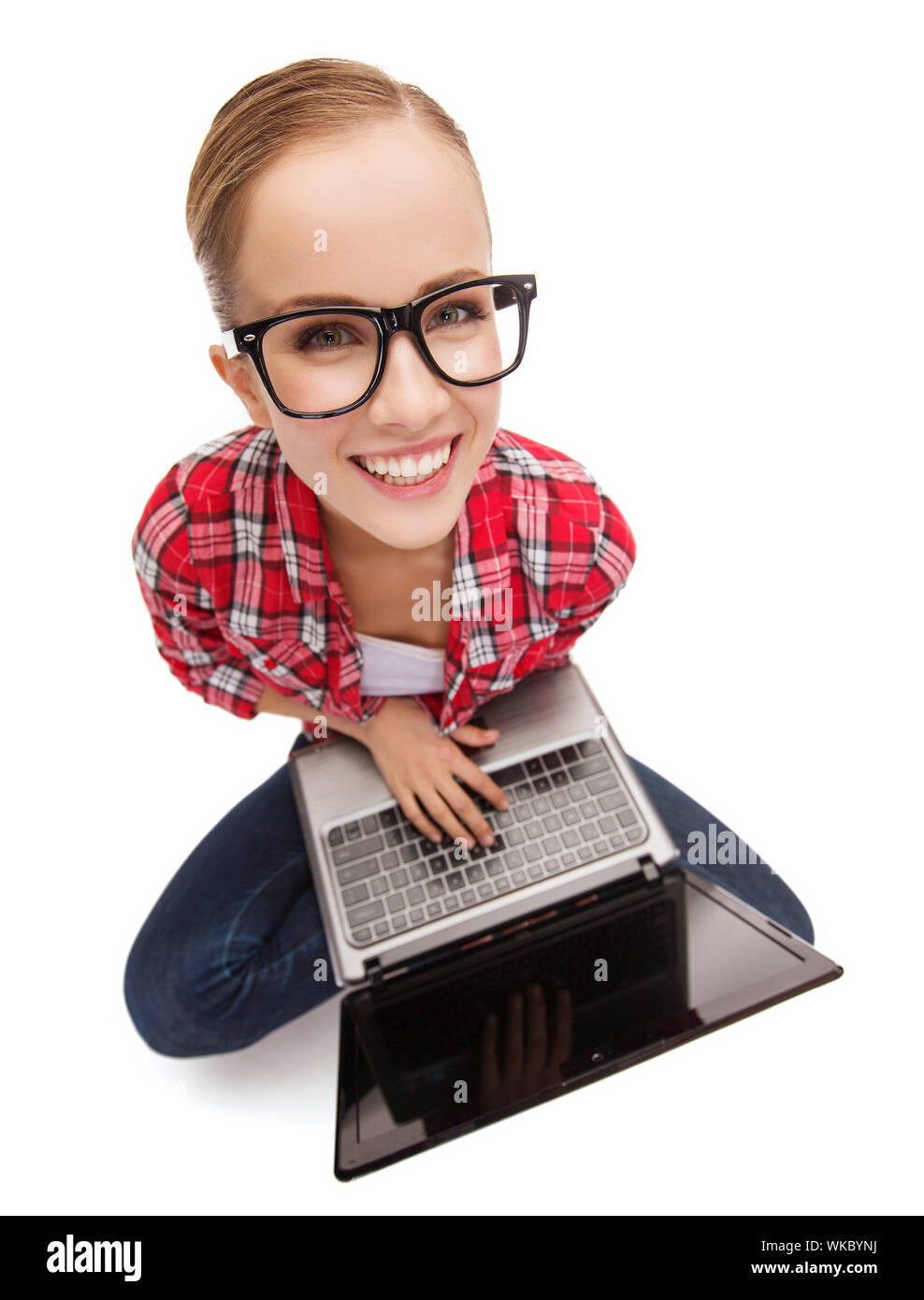 education, technology and internet concept - smiling teenage girl in ...