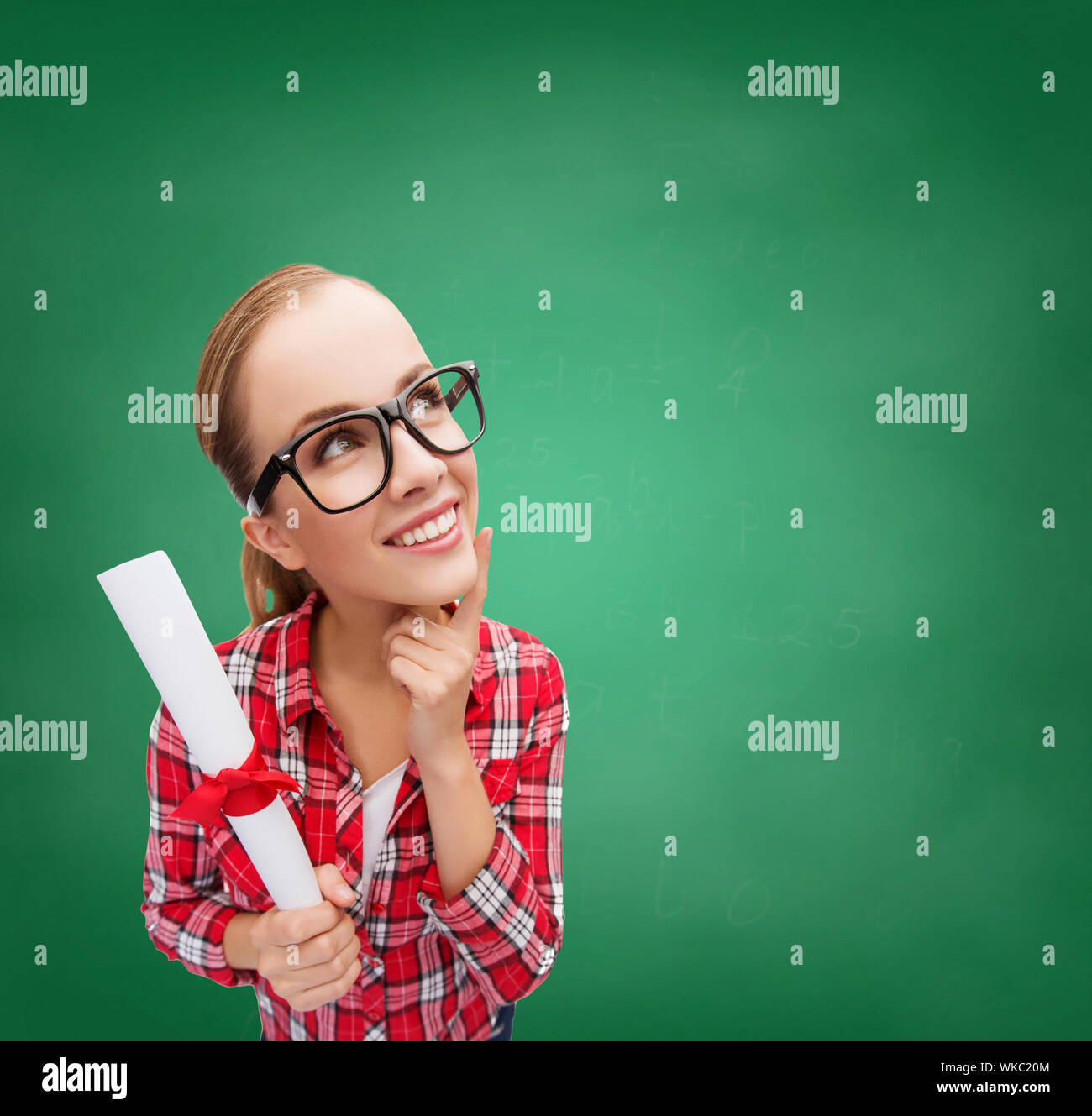 university and education concept - smiling woman in black eyeglasses ...