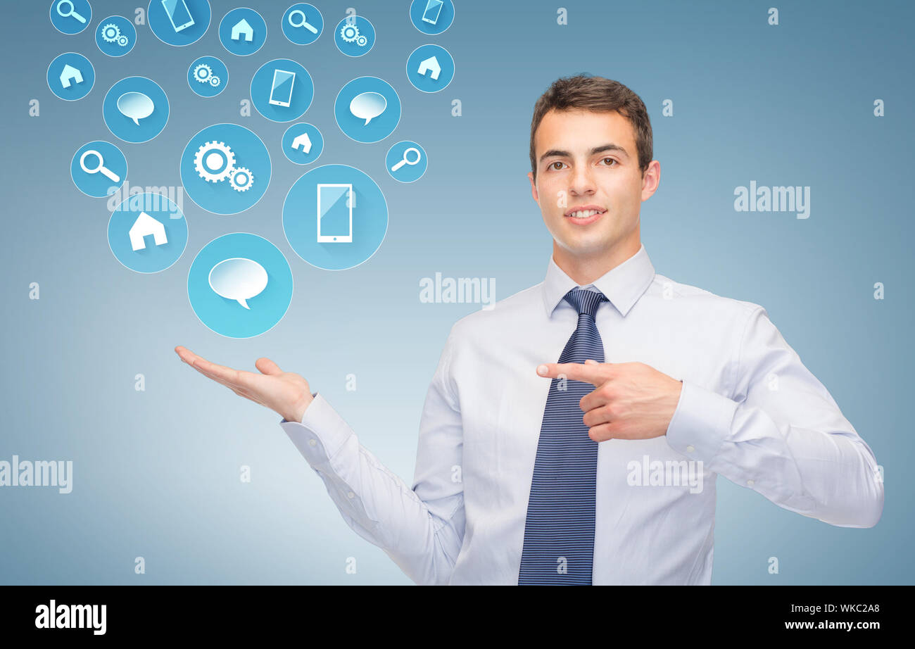 business and office, advertising, people concept - friendly young ...